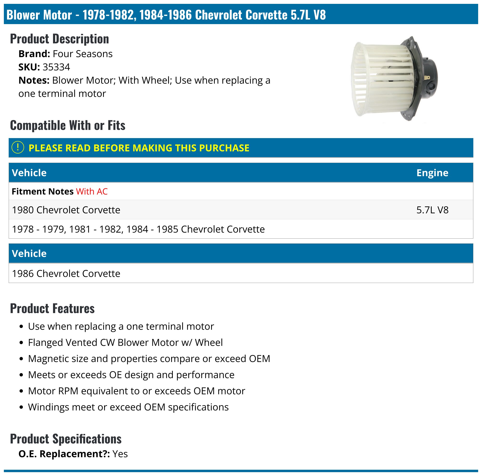 1978-1982, 1984-1986 Chevrolet Corvette Blower Motor - Four Seasons ...