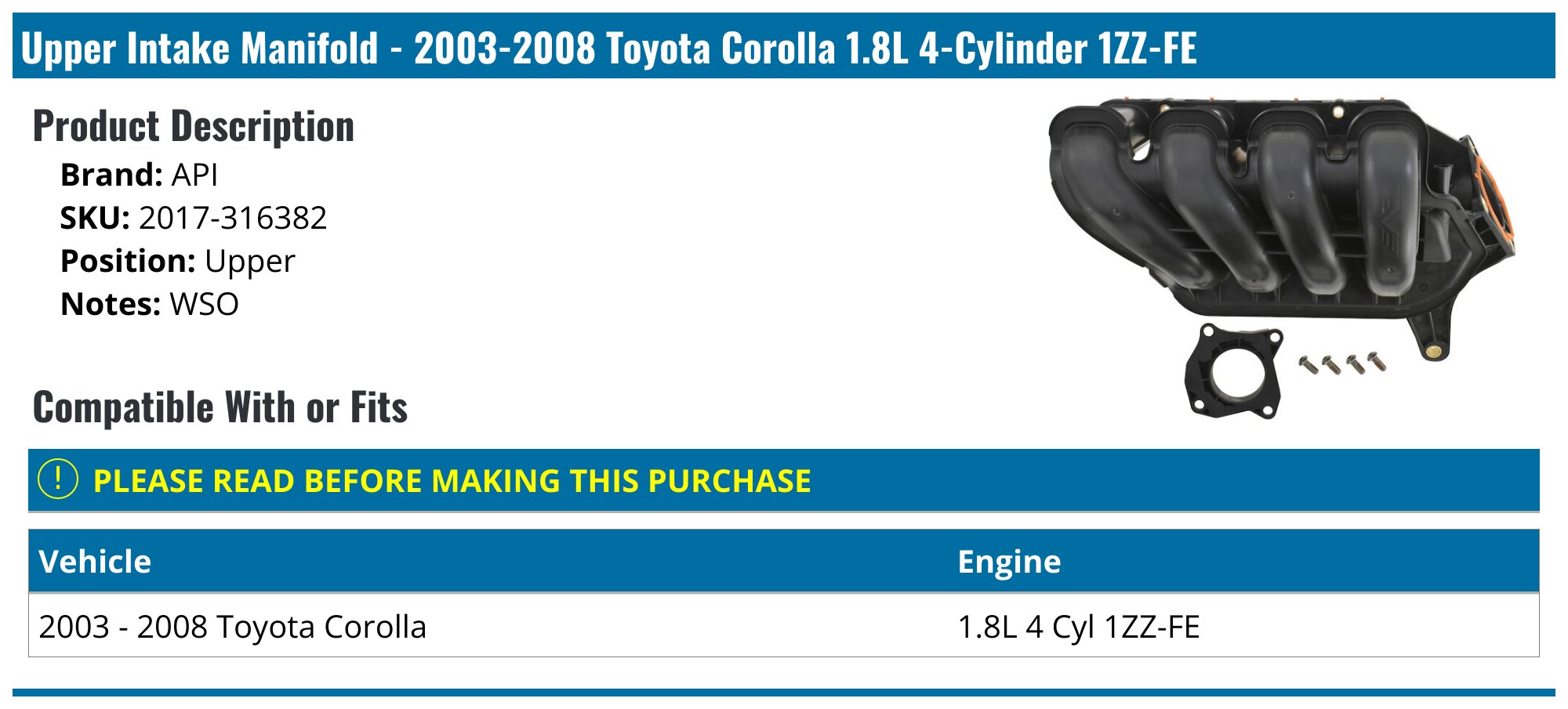 2003-2008 Toyota Corolla Intake Manifold - API 8017-07327184 - Upper ...