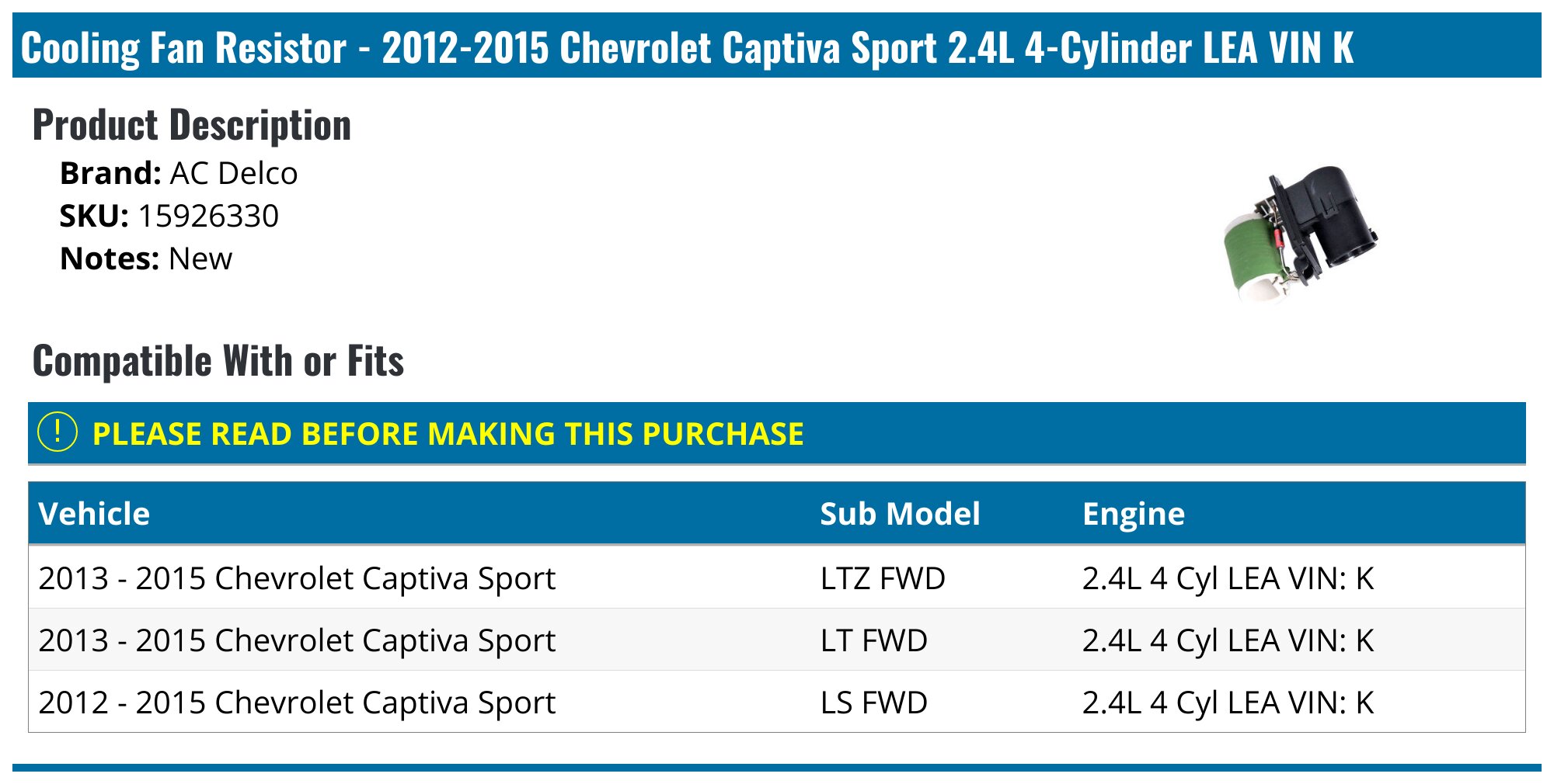 2012-2015 Chevrolet Captiva Sport Cooling Fan Resistor - AC Delco ...