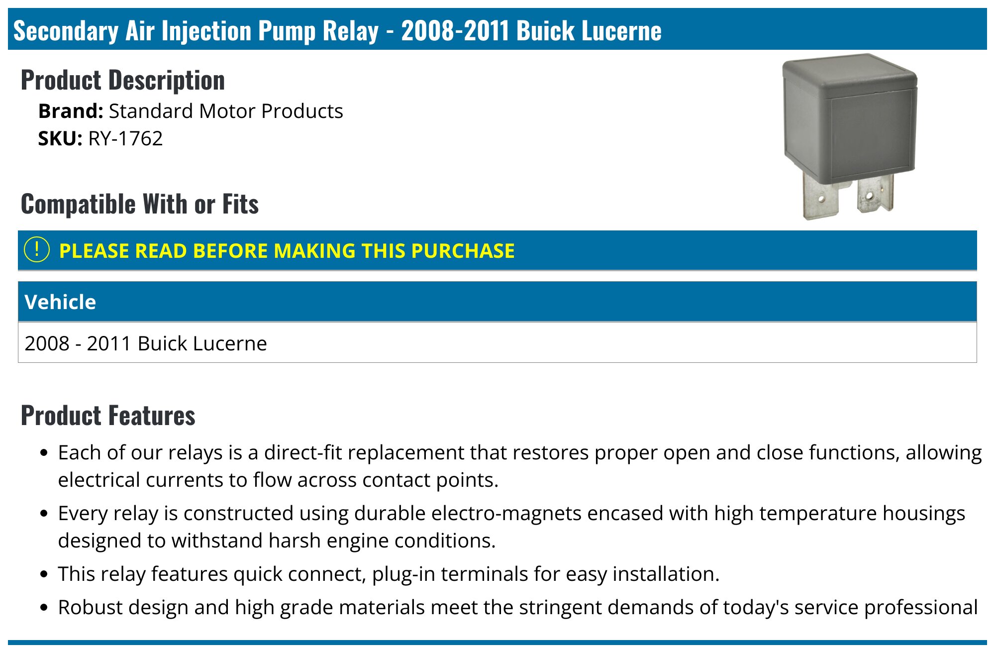 2008-2011 Buick Lucerne Secondary Air Injection Pump Relay - Standard ...