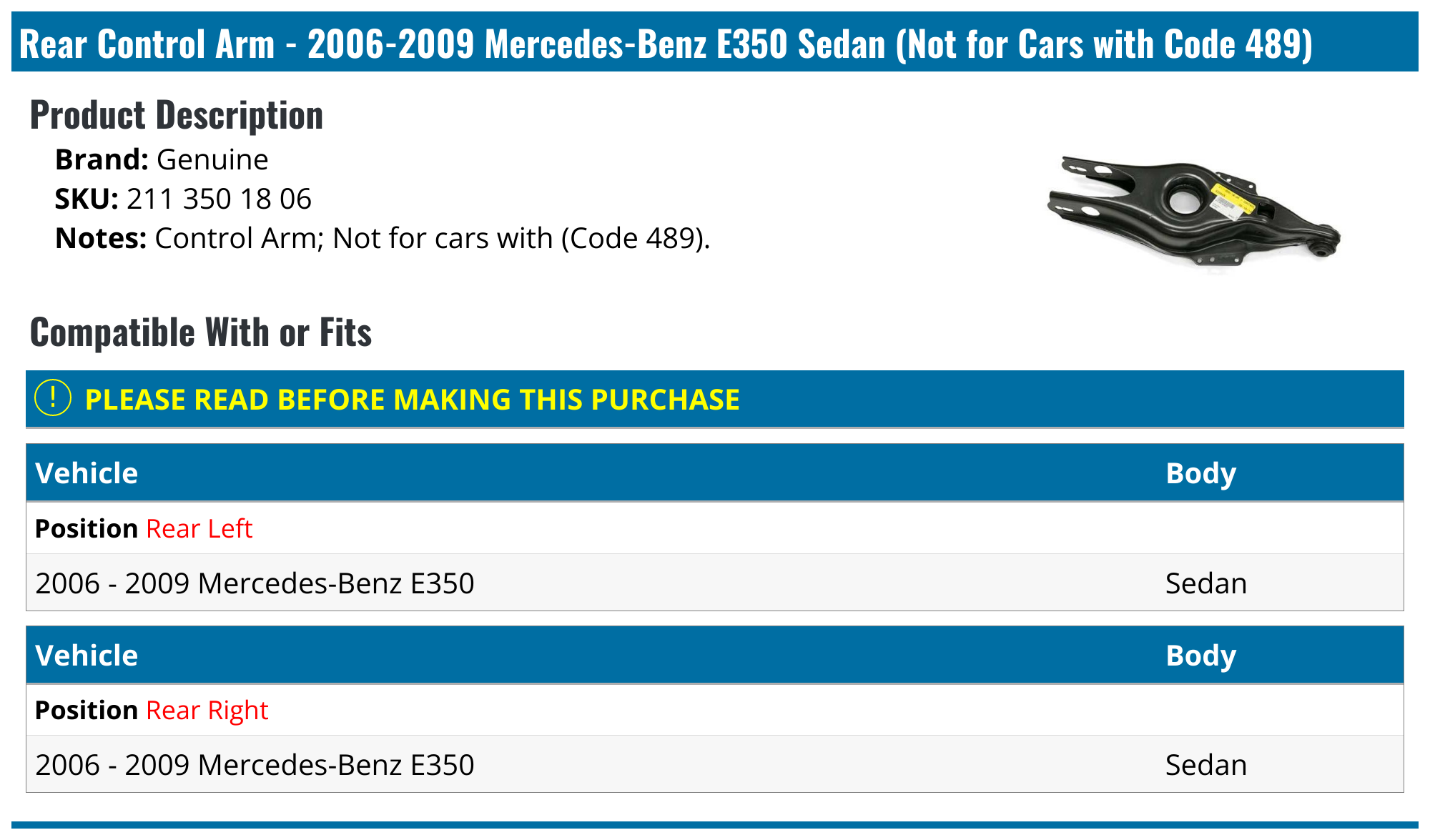 2006-2009 Mercedes E350 Control Arm - Genuine 211 350 18 06 - Rear ...