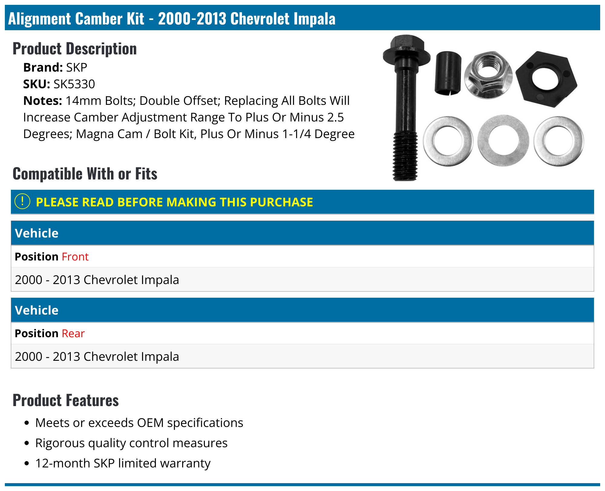 2000-2013 Chevrolet Impala Alignment Camber Kit - SKP SK5330 - Rear ...
