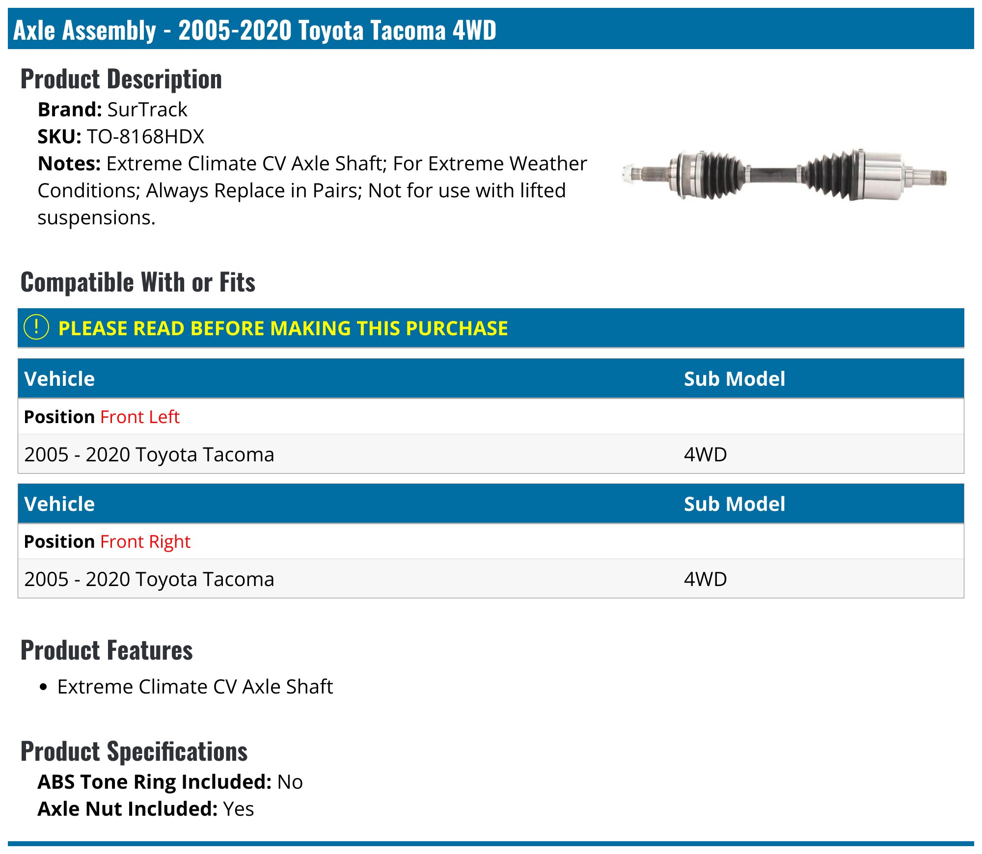 2005-2023 Toyota Tacoma Axle Assembly - SurTrack TO-8168HDX - Front ...
