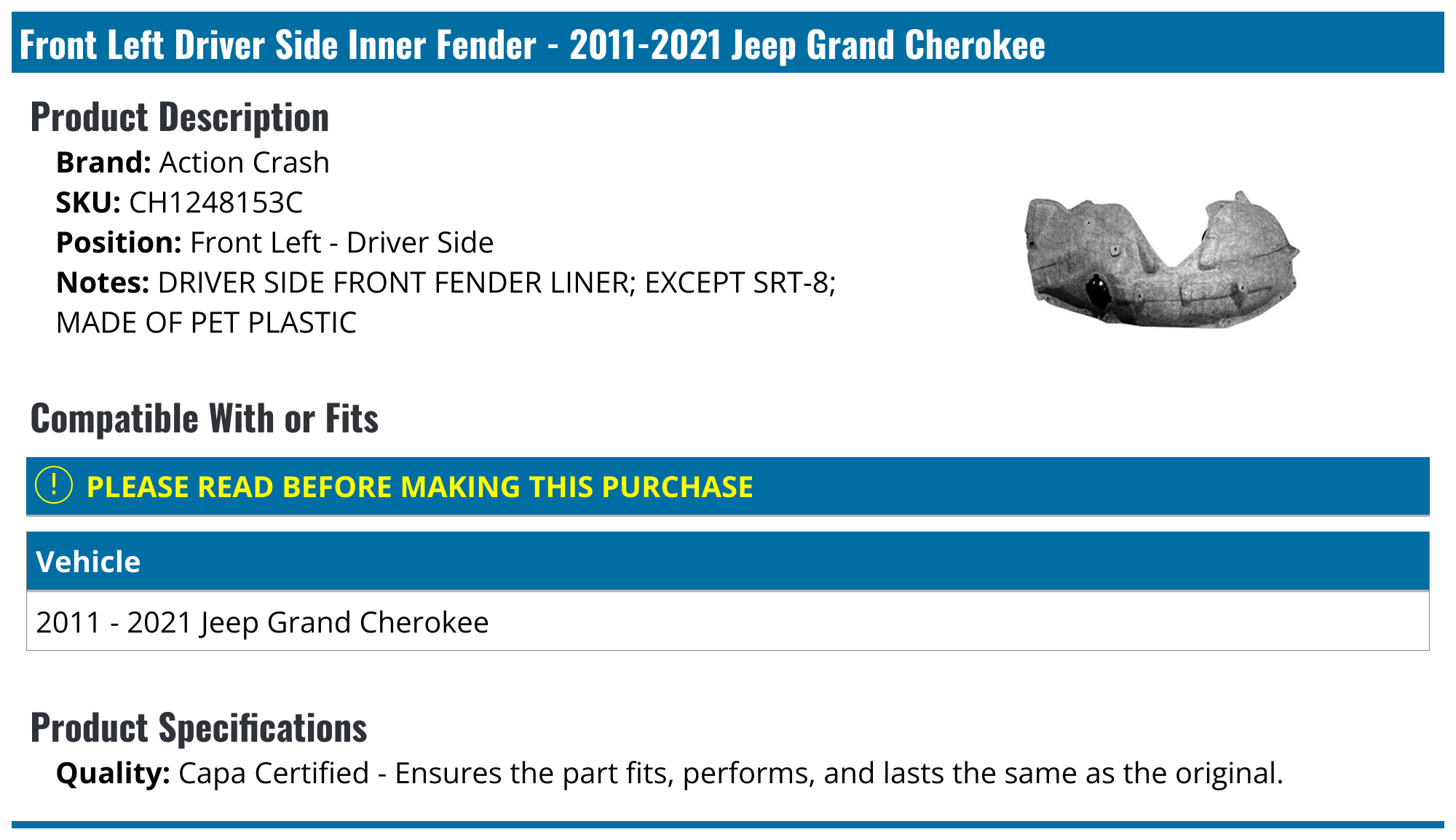 Inner Fender Well Liner - Wheel Well Liner Replacement | Parts Geek