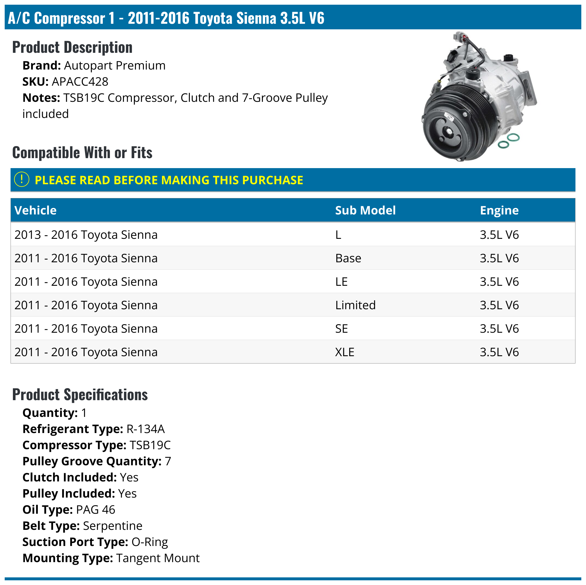 2011-2016 Toyota Sienna A/C Compressor - Autopart Premium APACC428 ...