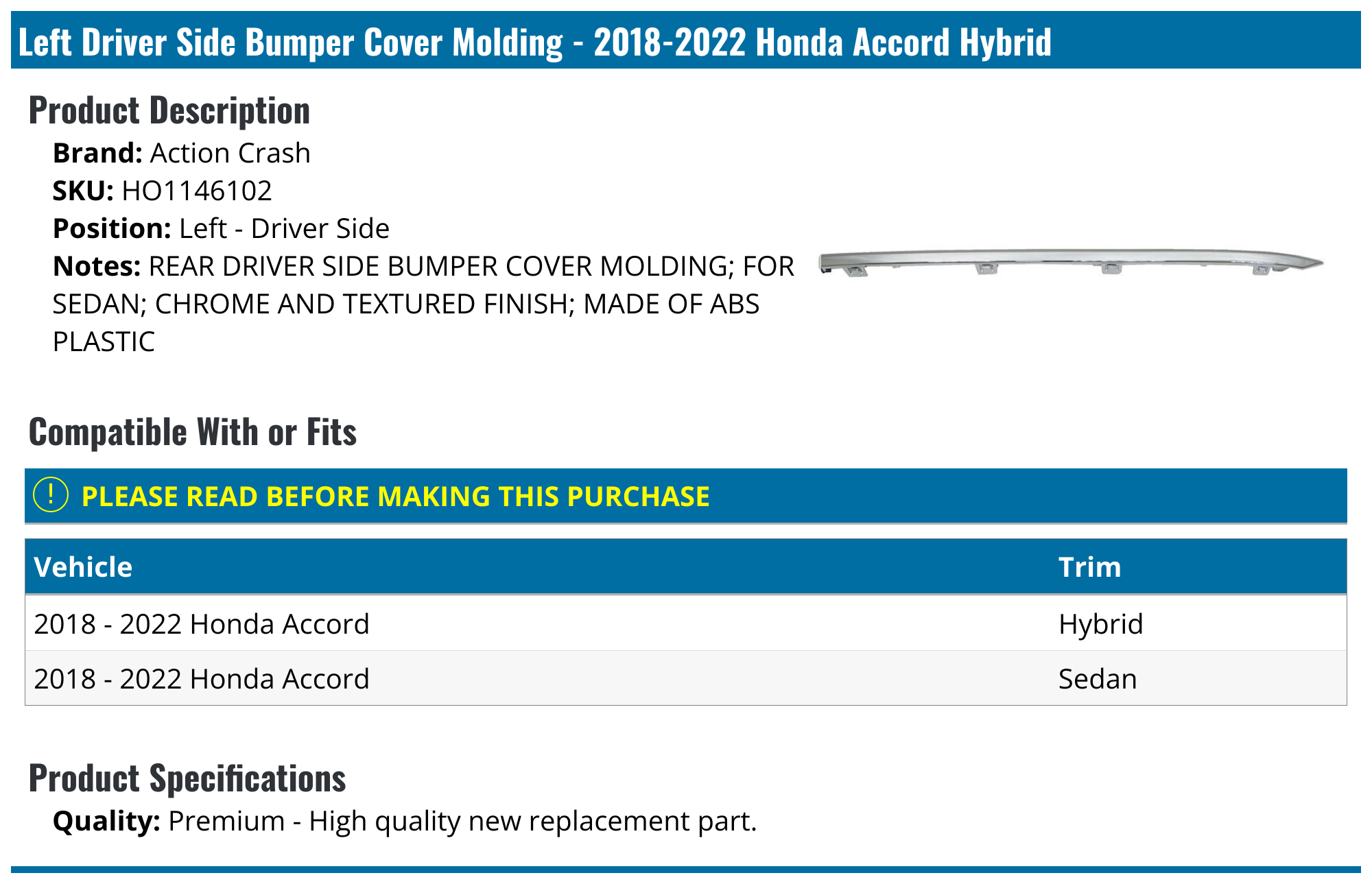 2018-2022 Honda Accord Bumper Cover Molding - Action Crash HO1146102 ...