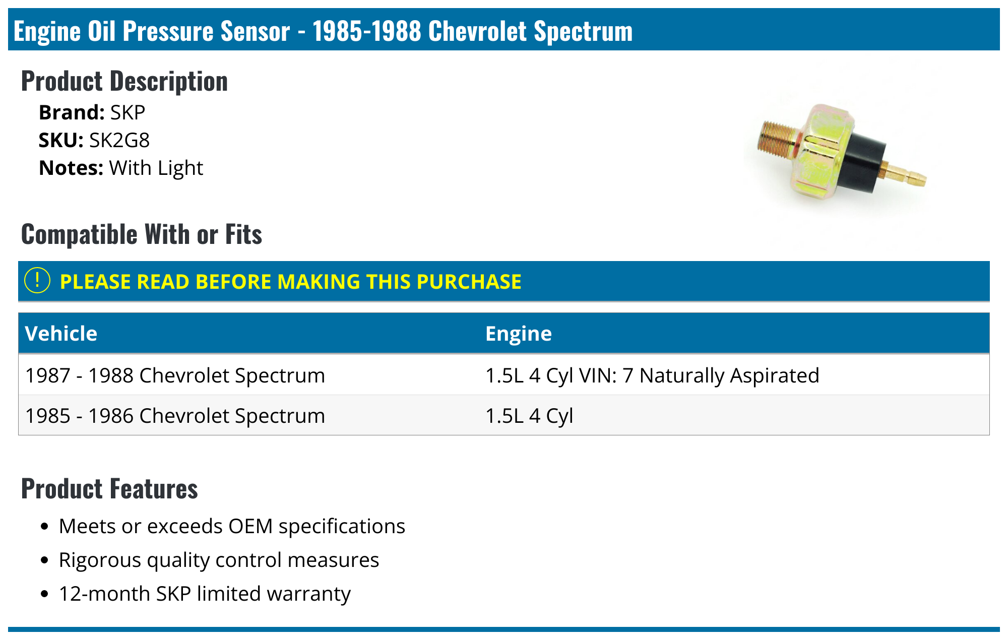 1985-1988 Chevrolet Spectrum Engine Oil Pressure Sensor - SKP SK2G8 ...