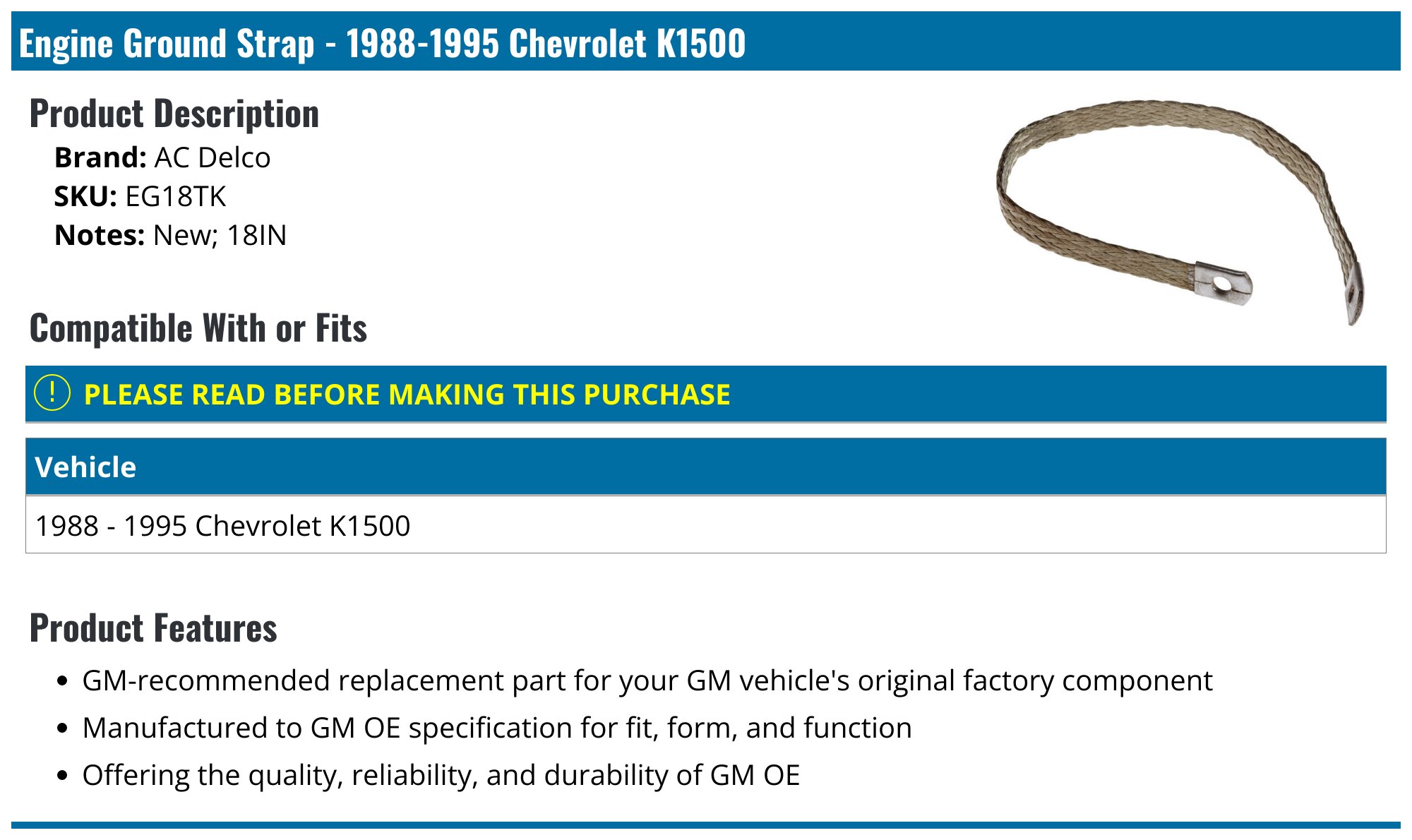 1988-1995 Chevrolet K1500 Engine Ground Strap - AC Delco EG18TK ...