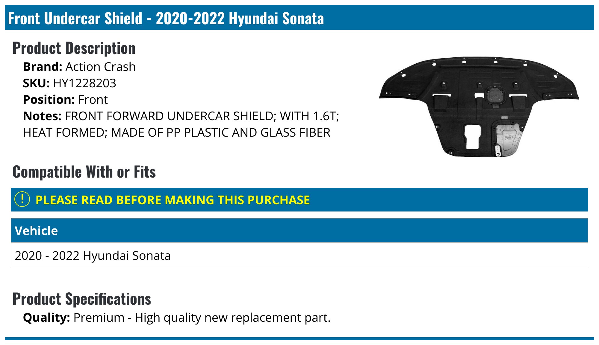 2020-2023 Hyundai Sonata Lower Engine Cover - Action Crash HY1228203 ...