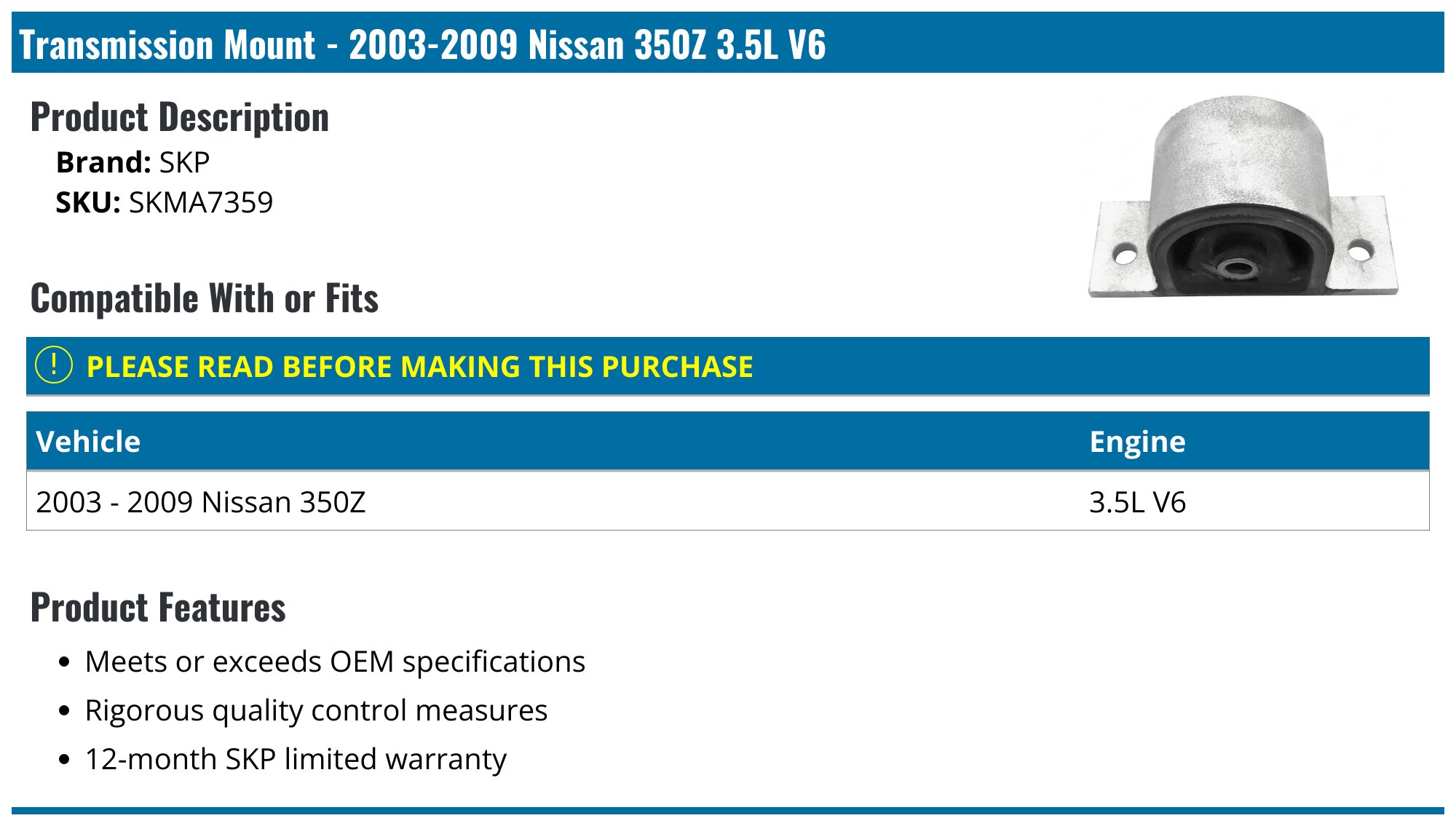 2003-2009 Nissan 350Z Transmission Mount - SKP SKMA7359 - Rear ...