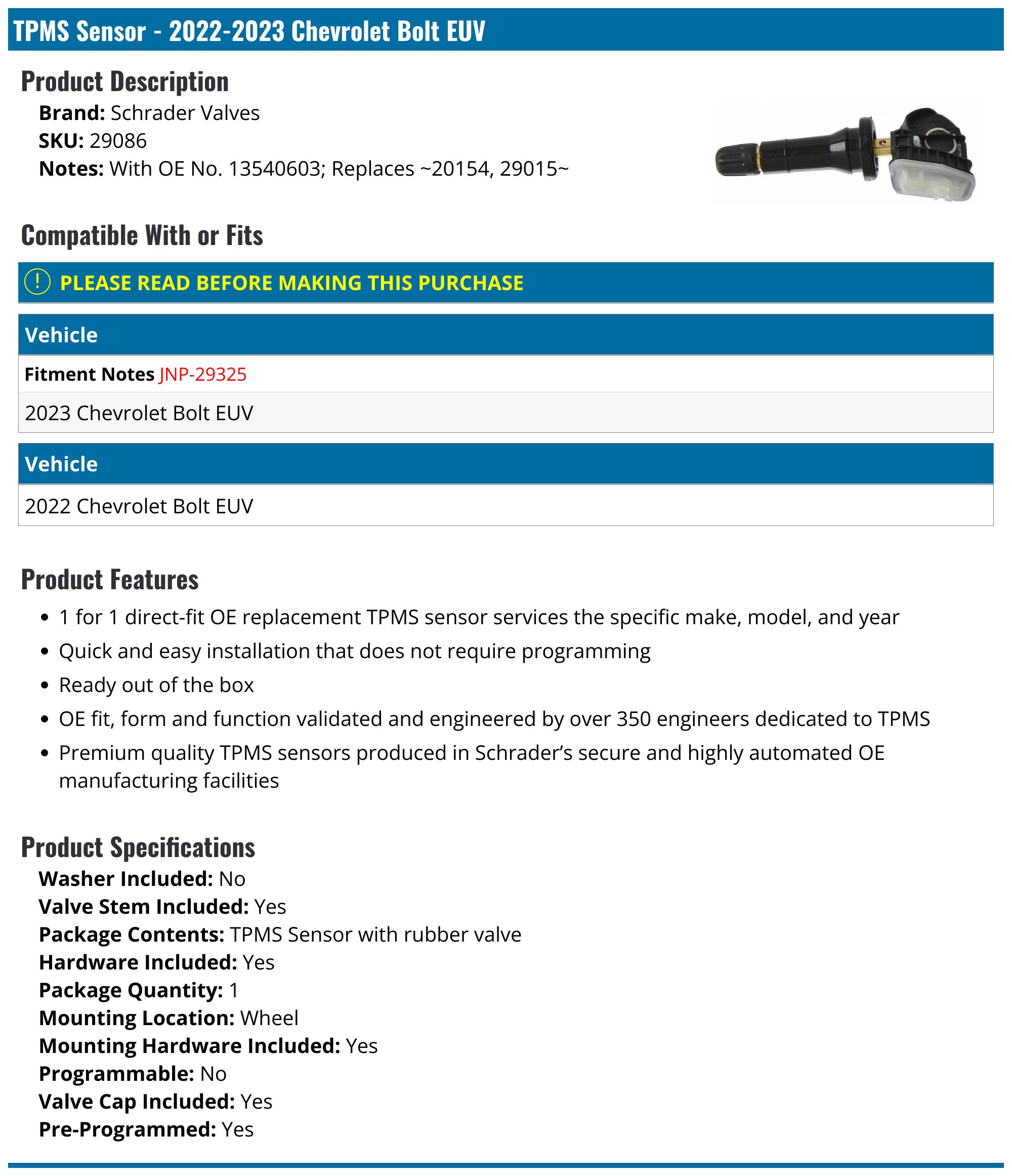 2022-2023 Chevrolet Bolt EUV Tire Pressure Monitoring Sensor - Schrader ...