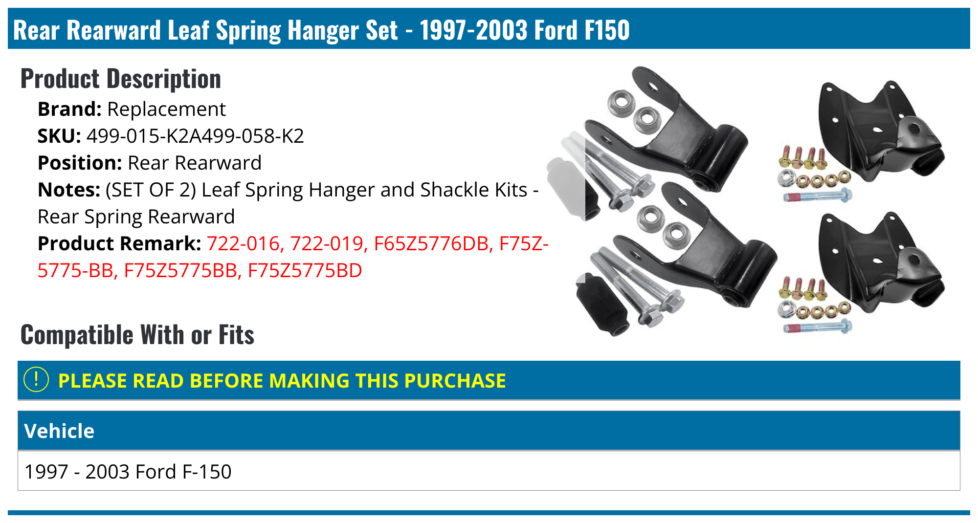 1997-2003 Ford F150 Leaf Spring Hanger - Replacement 499-015-K2A499-058 ...