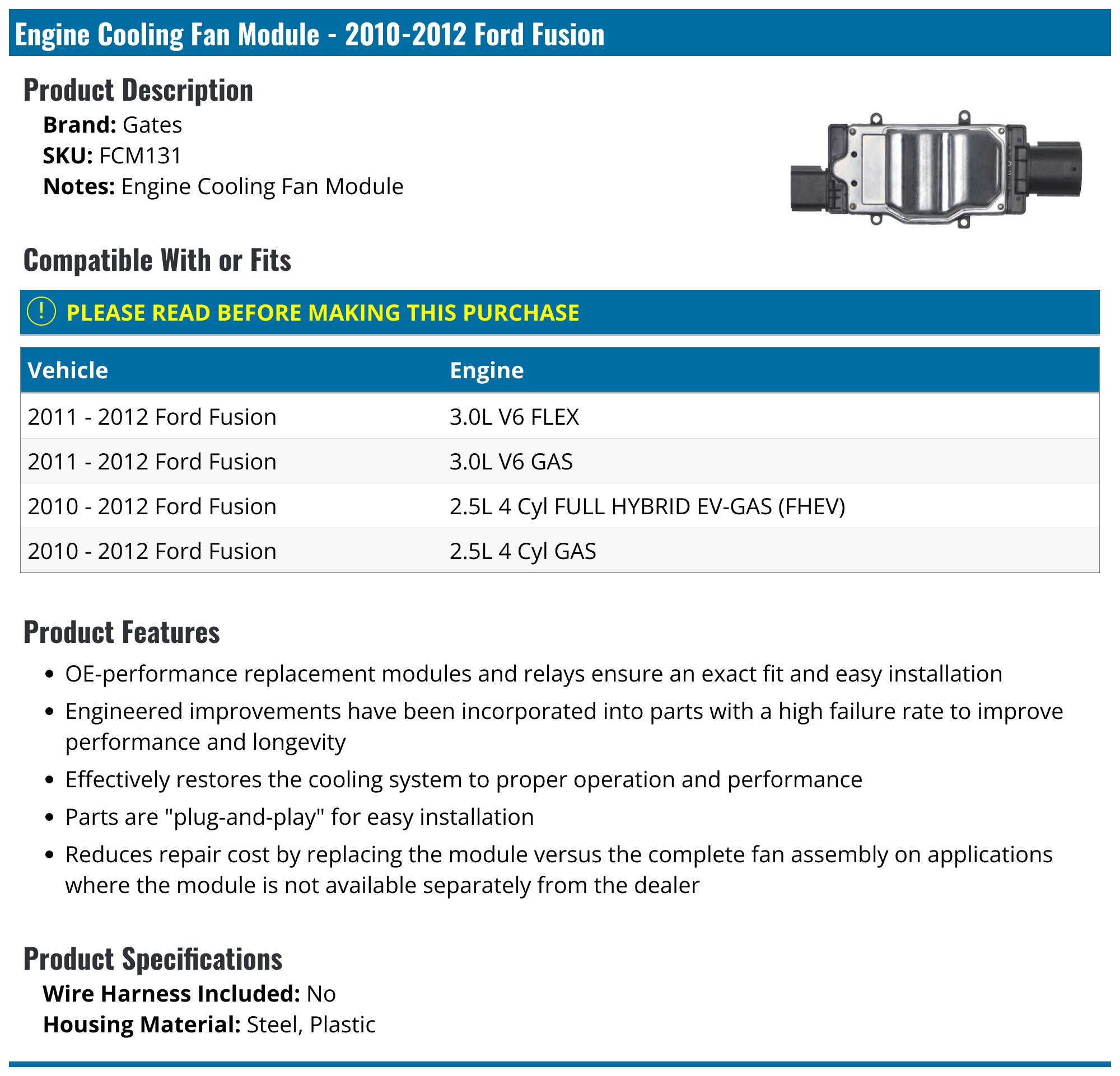 2010-2012 Ford Fusion Cooling Fan Module - Gates FCM131 - PartsGeek.com