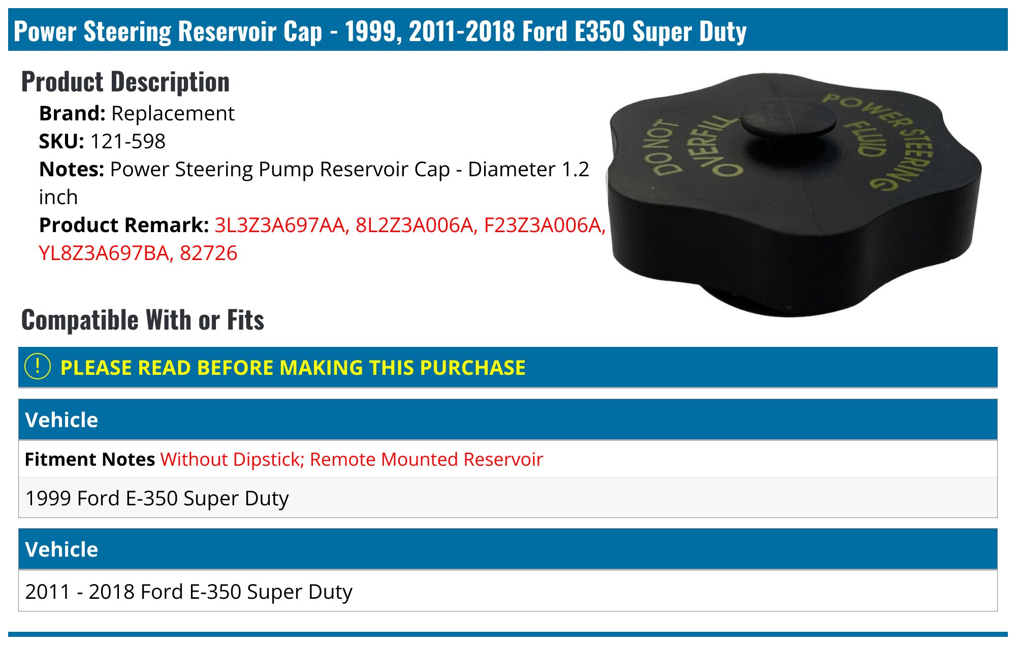 1999, 2011-2018 Ford E350 Super Duty Power Steering Reservoir Cap ...
