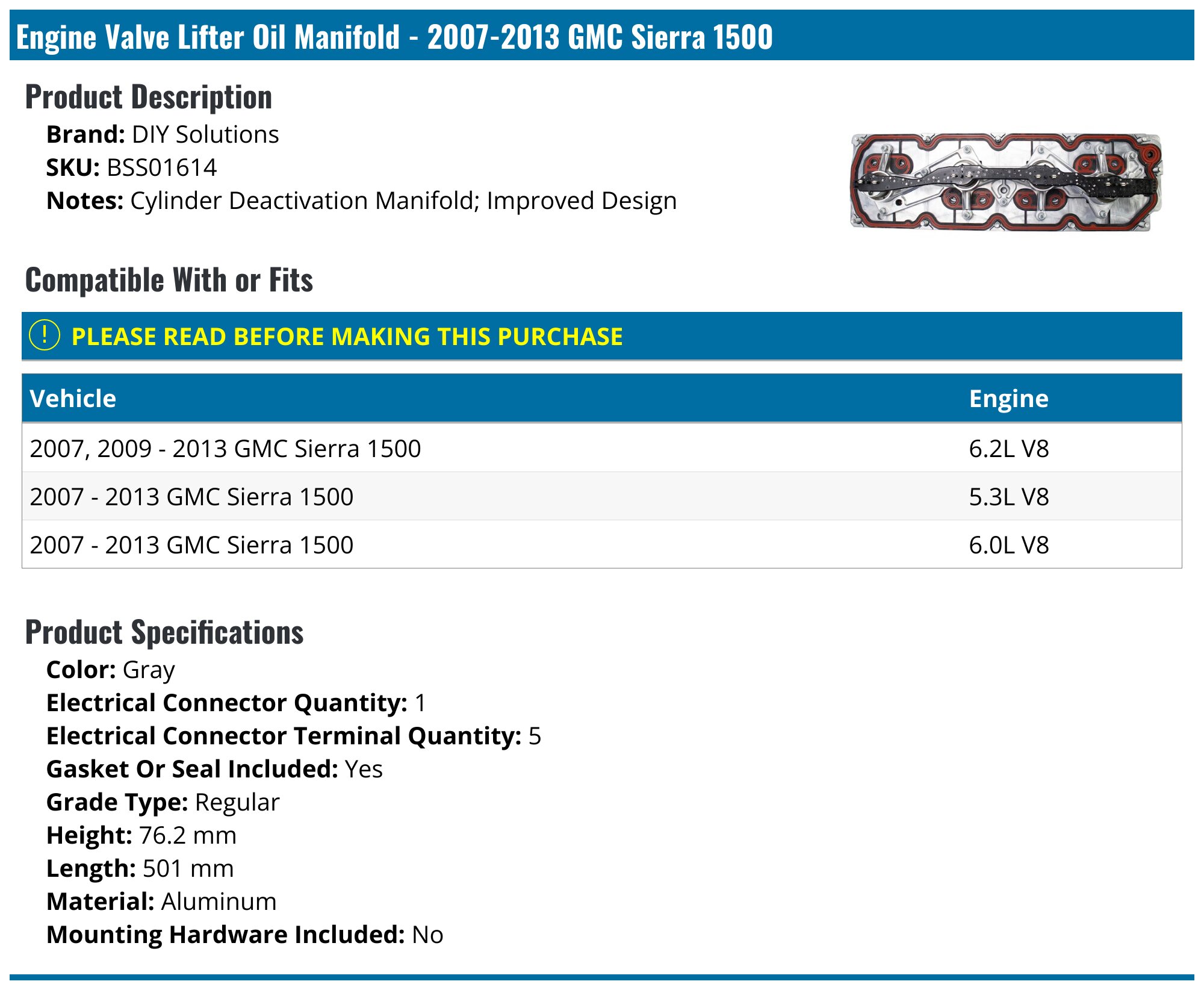2007-2013 GMC Sierra 1500 Engine Valve Lifter Oil Manifold - DIY ...