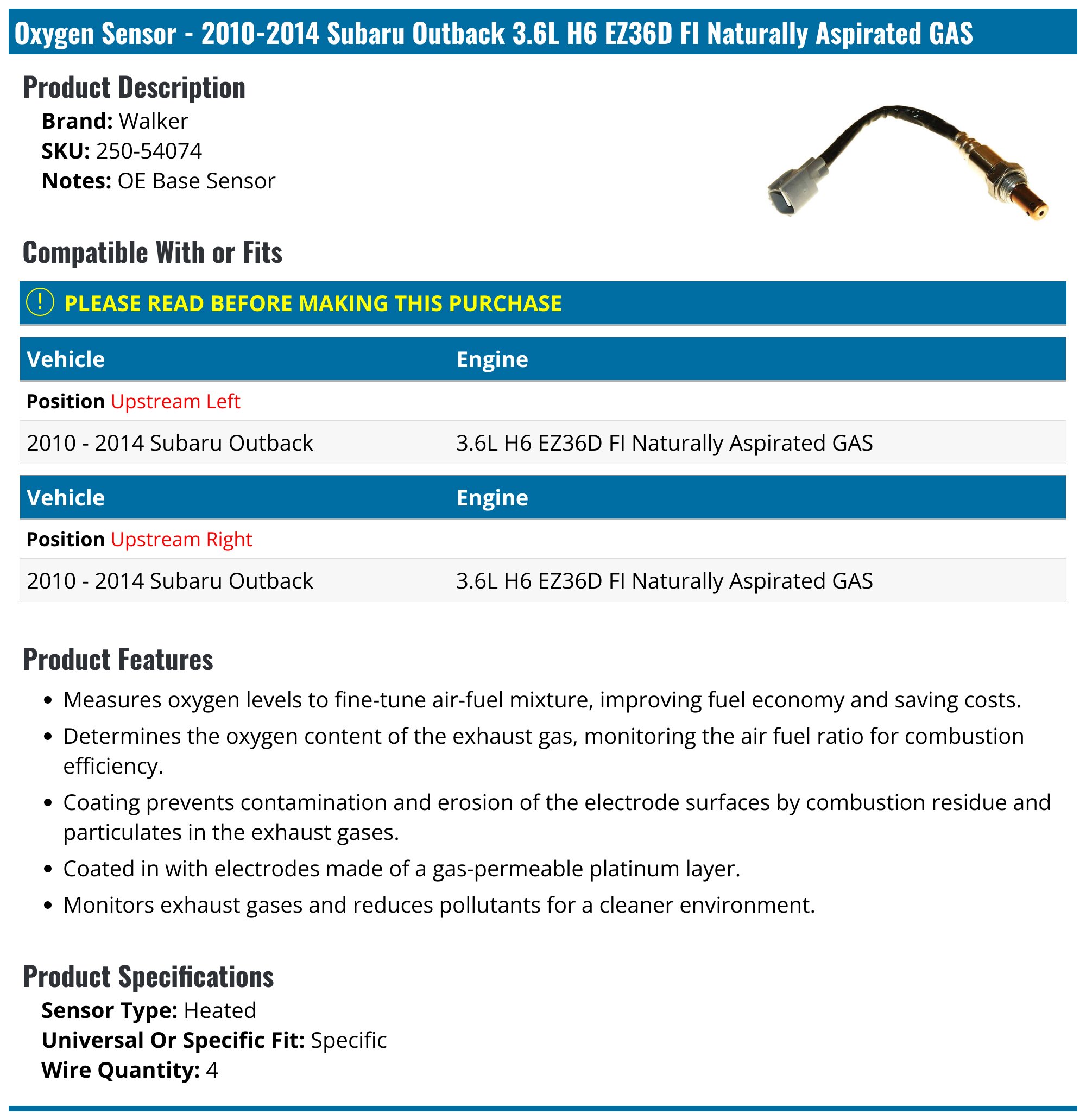 2010-2014 Subaru Outback Oxygen Sensor - Walker 250-54074 - Upstream ...