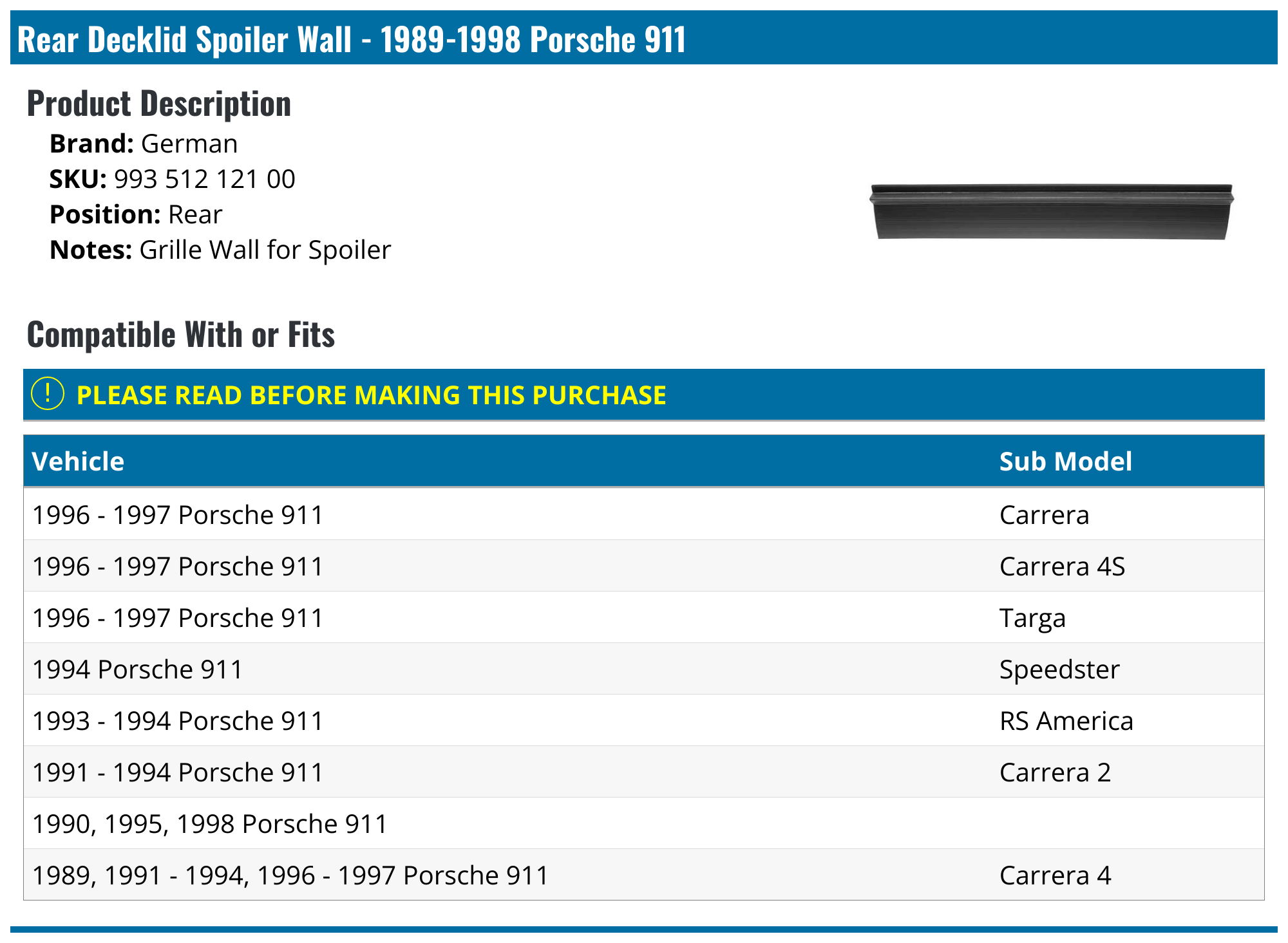 1989-1998 Porsche 911 Decklid Spoiler Wall - German 993 512 121 00 ...