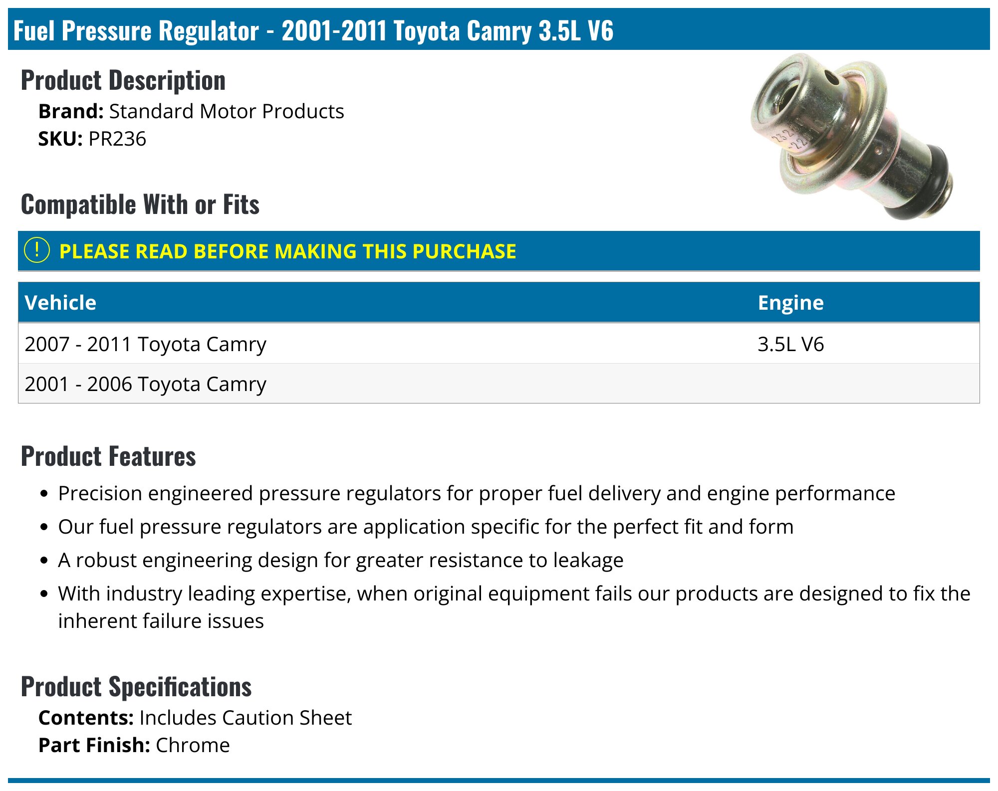 2001-2011 Toyota Camry Fuel Pressure Regulator - Standard Motor ...