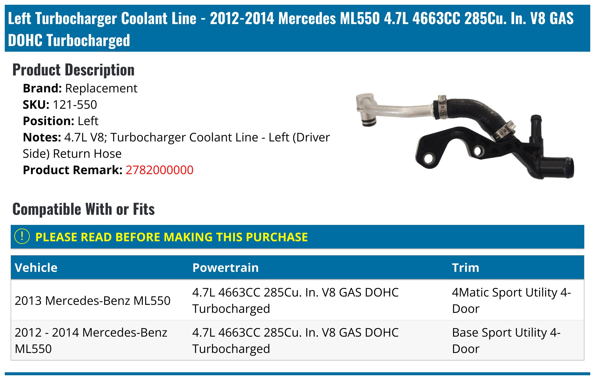 2012-2014 Mercedes ML550 Turbocharger Coolant Line - Replacement 121 ...