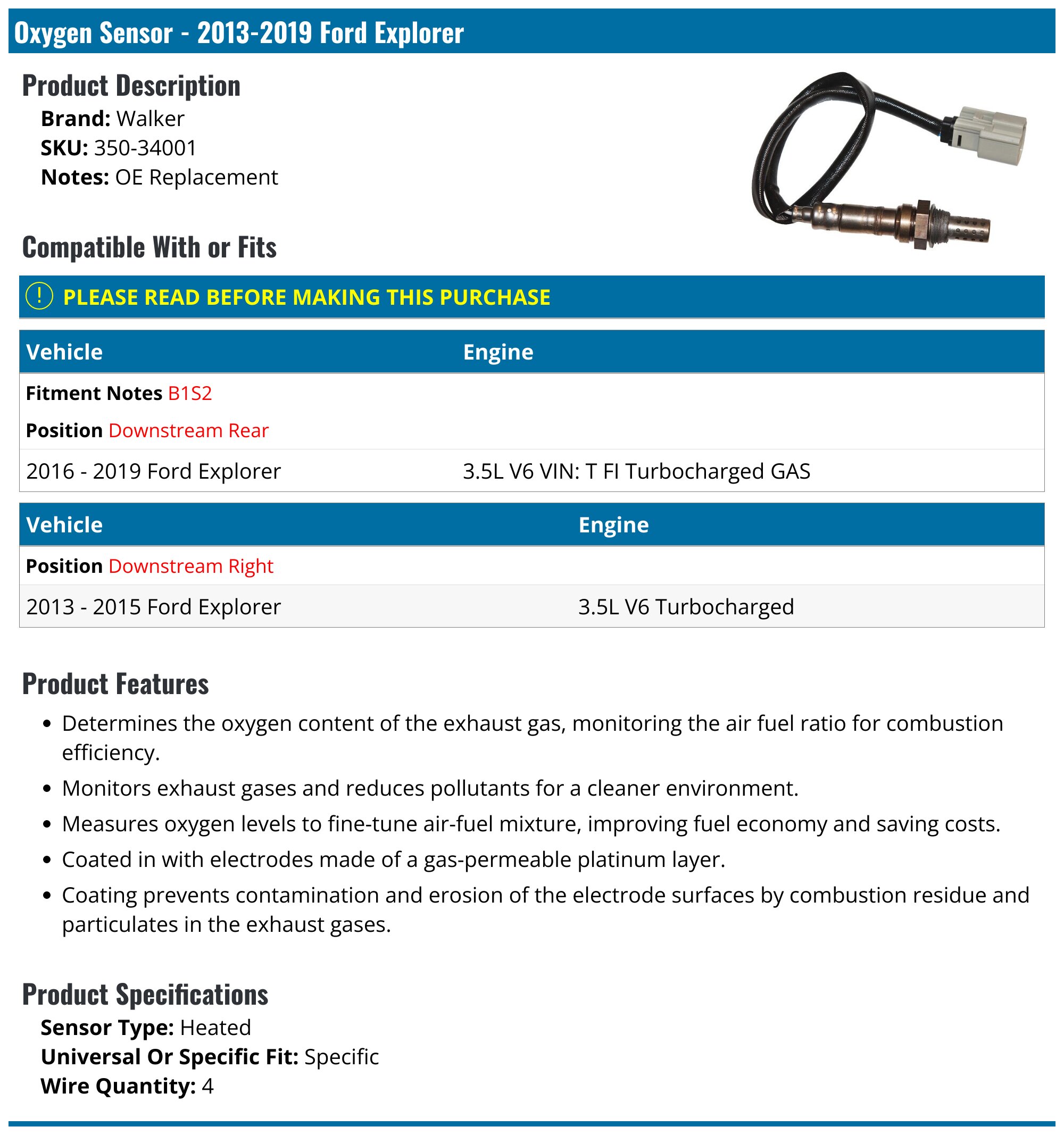2013-2019 Ford Explorer Oxygen Sensor - Walker 350-34001 - Downstream ...
