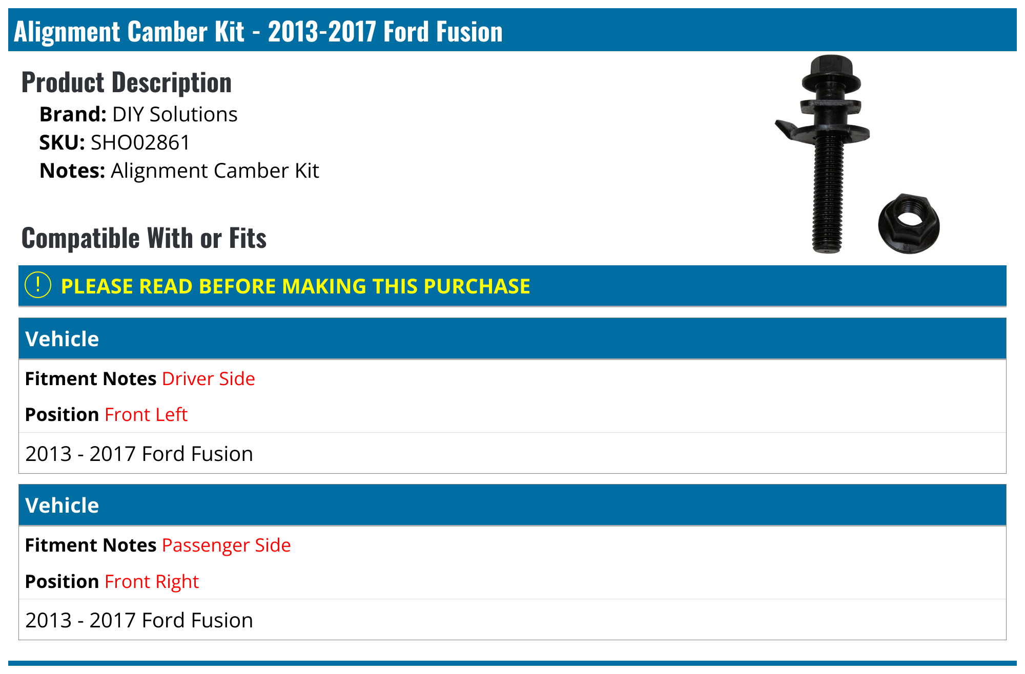 2013-2017 Ford Fusion Alignment Camber Kit - DIY Solutions SHO02861 ...