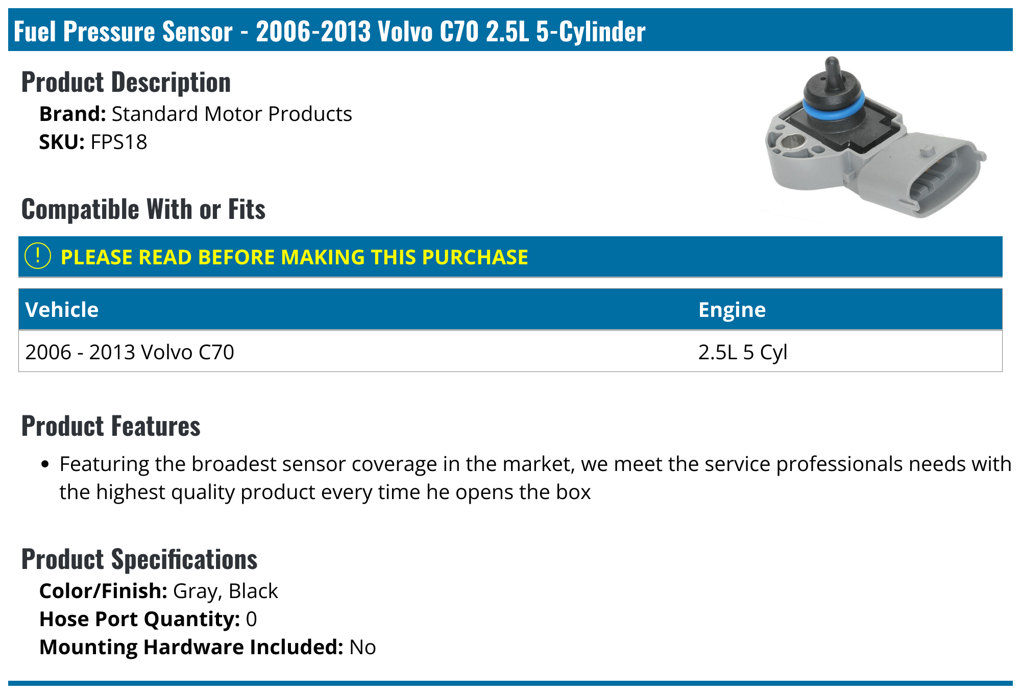2006-2013 Volvo C70 Fuel Pressure Sensor - Standard Motor Products ...