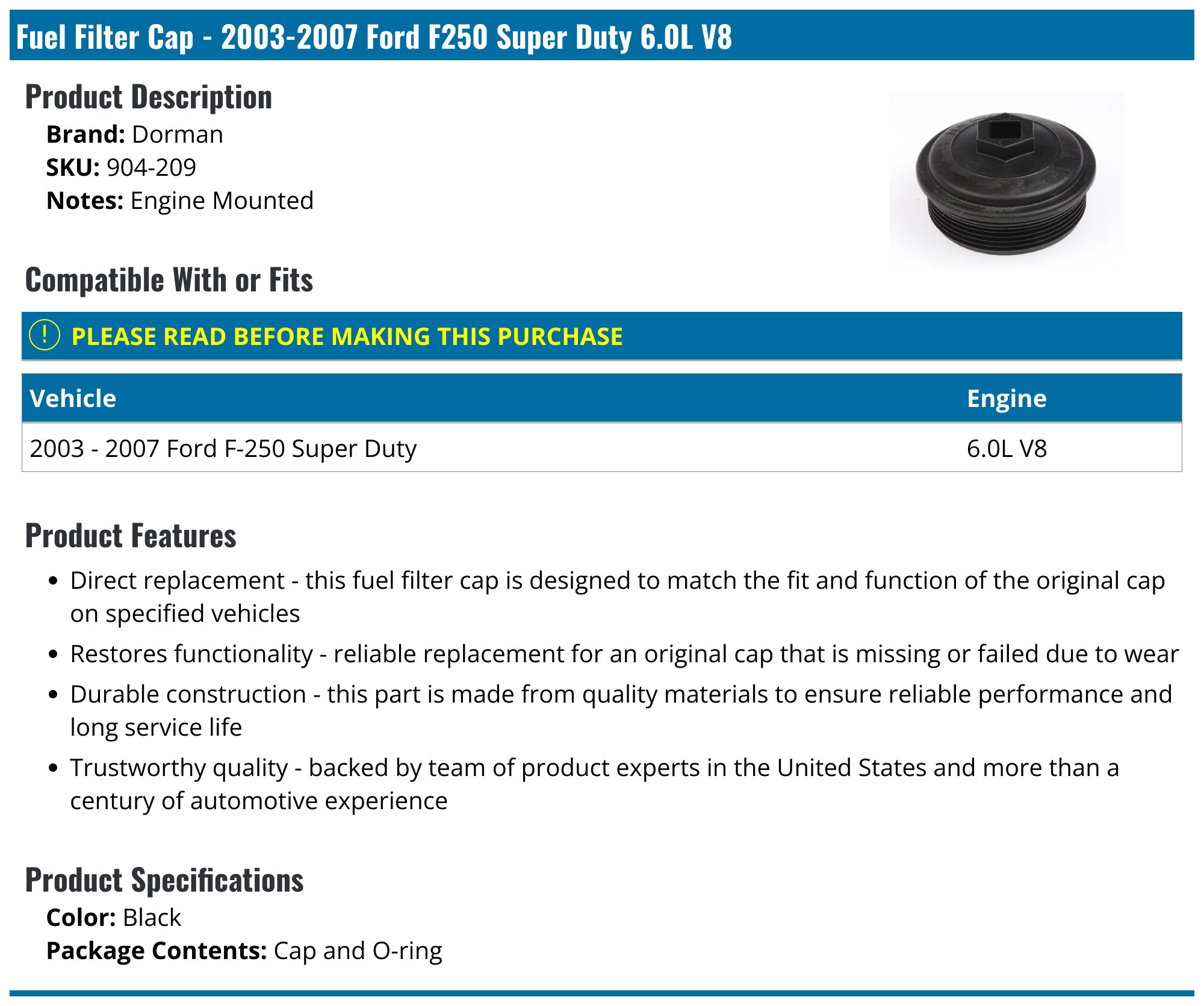2003-2007 Ford F250 Super Duty Fuel Filter Cap - Dorman 904-209 ...