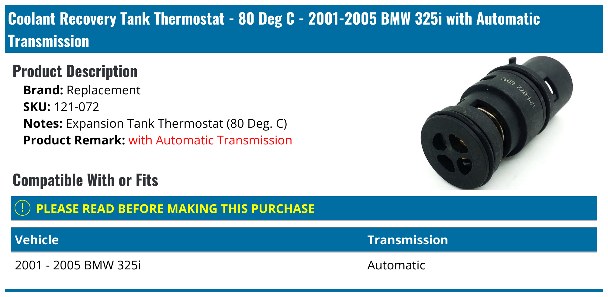 2001-2005 BMW 325i Coolant Recovery Tank Thermostat - Replacement 121 ...