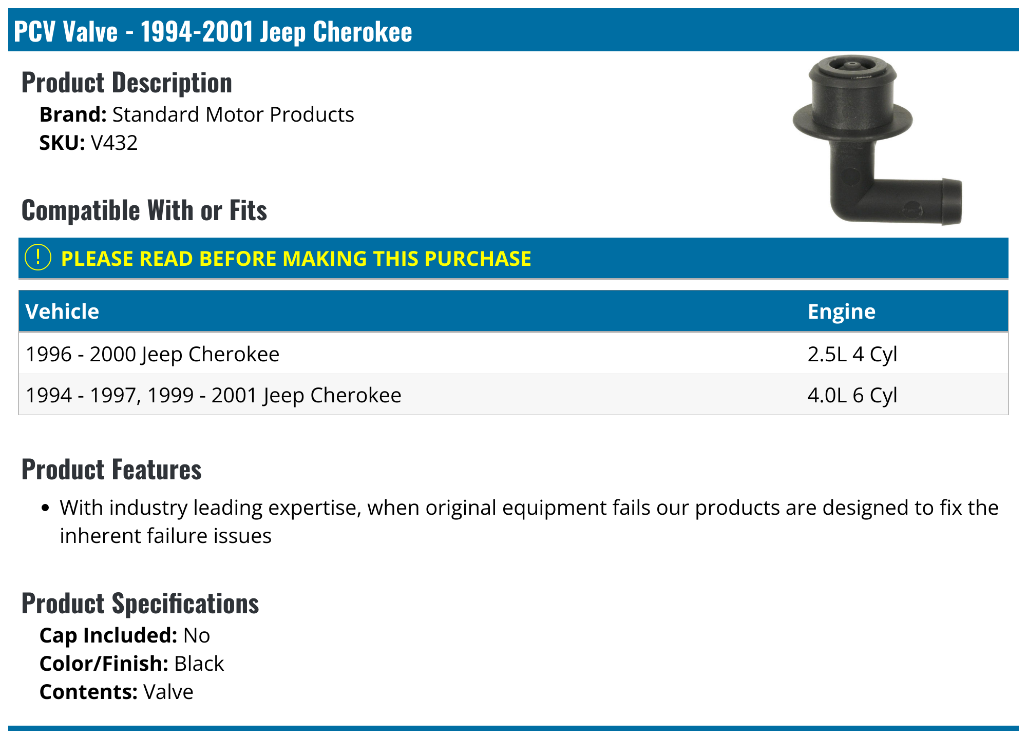 1994-2001 Jeep Cherokee PCV Valve - Standard Motor Products V432 ...