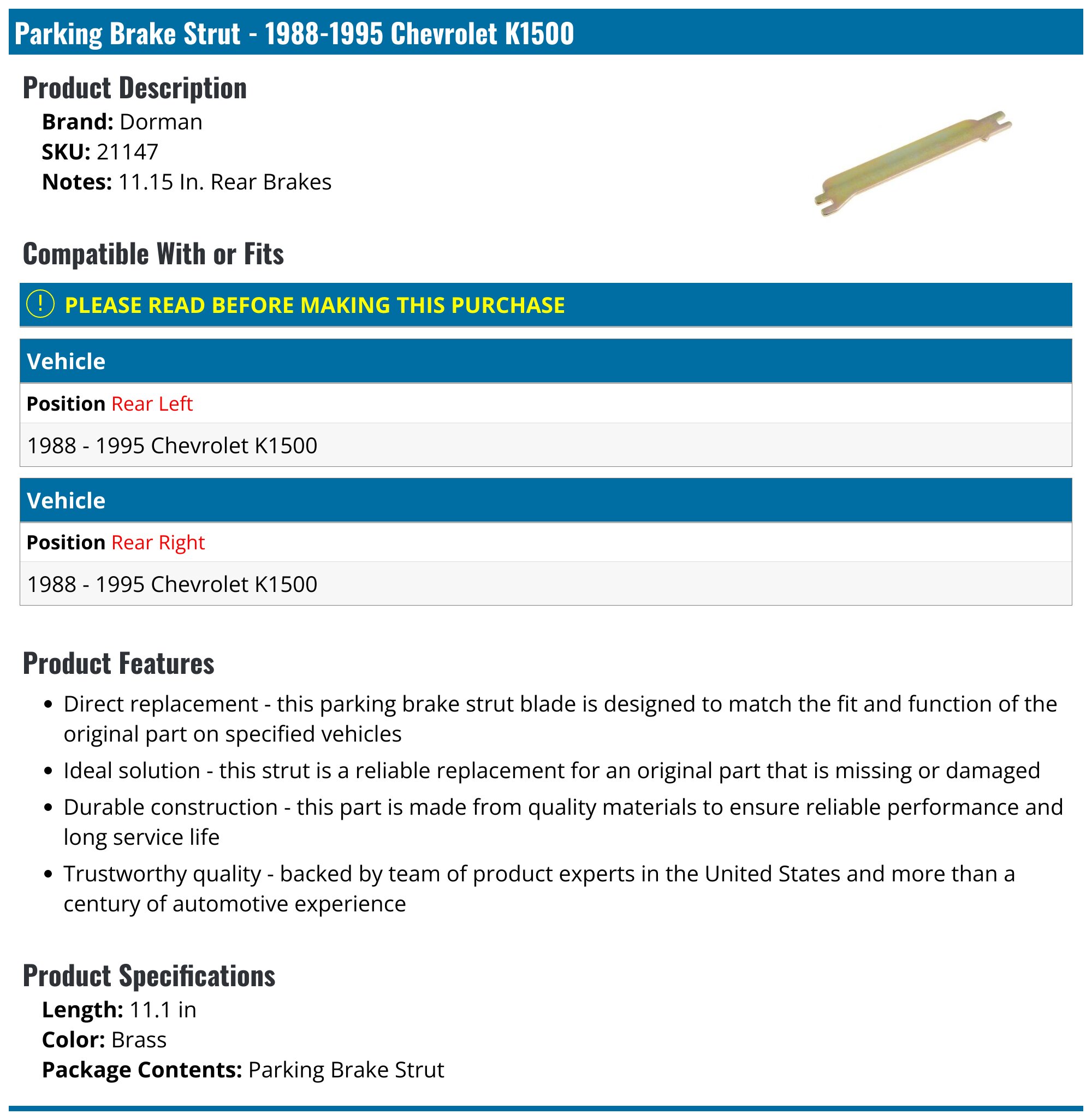 1988-1995 Chevrolet K1500 Parking Brake Strut - Dorman 21147 - Rear ...