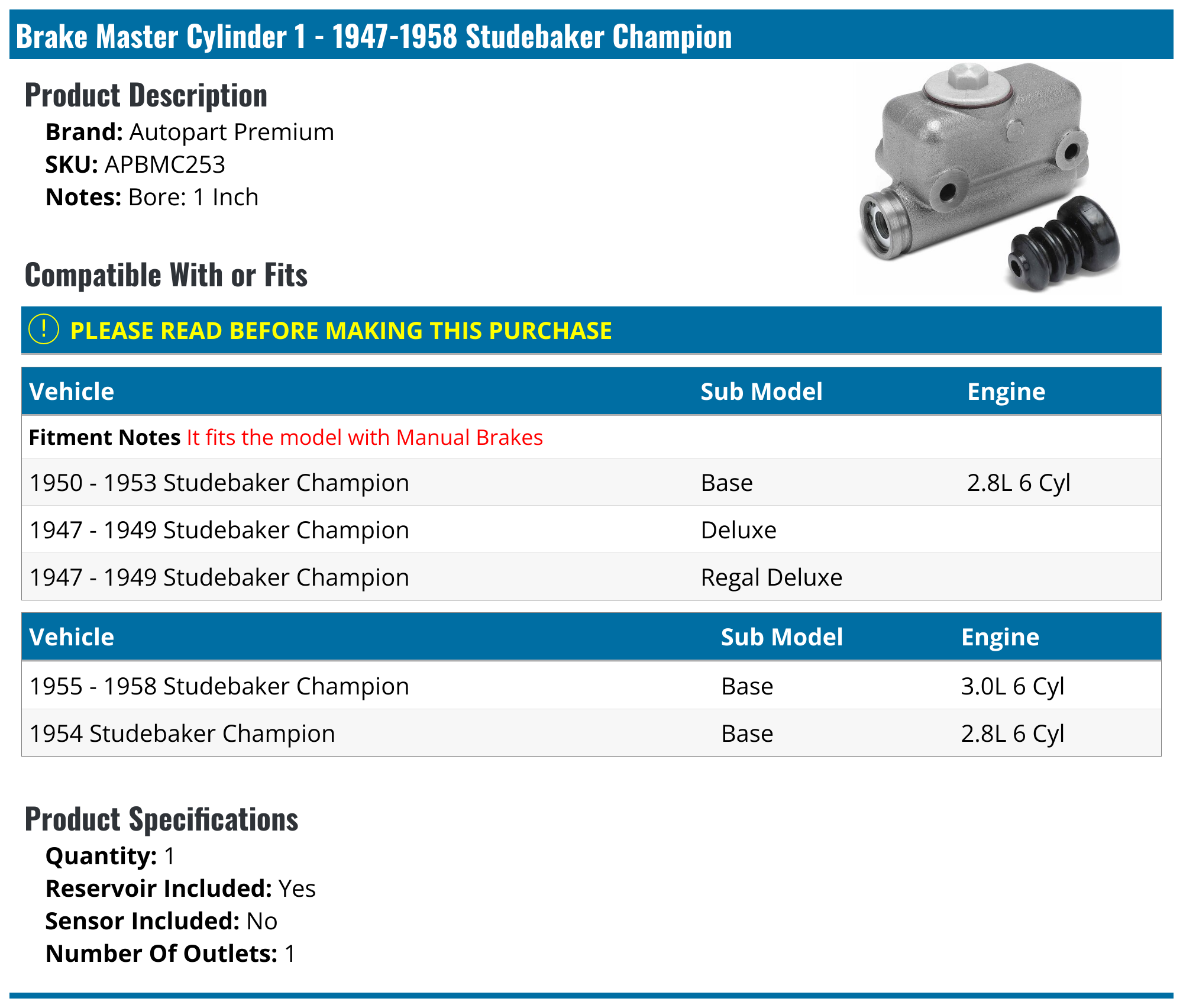 1947-1958 Studebaker Champion Brake Master Cylinder - Autopart Premium ...