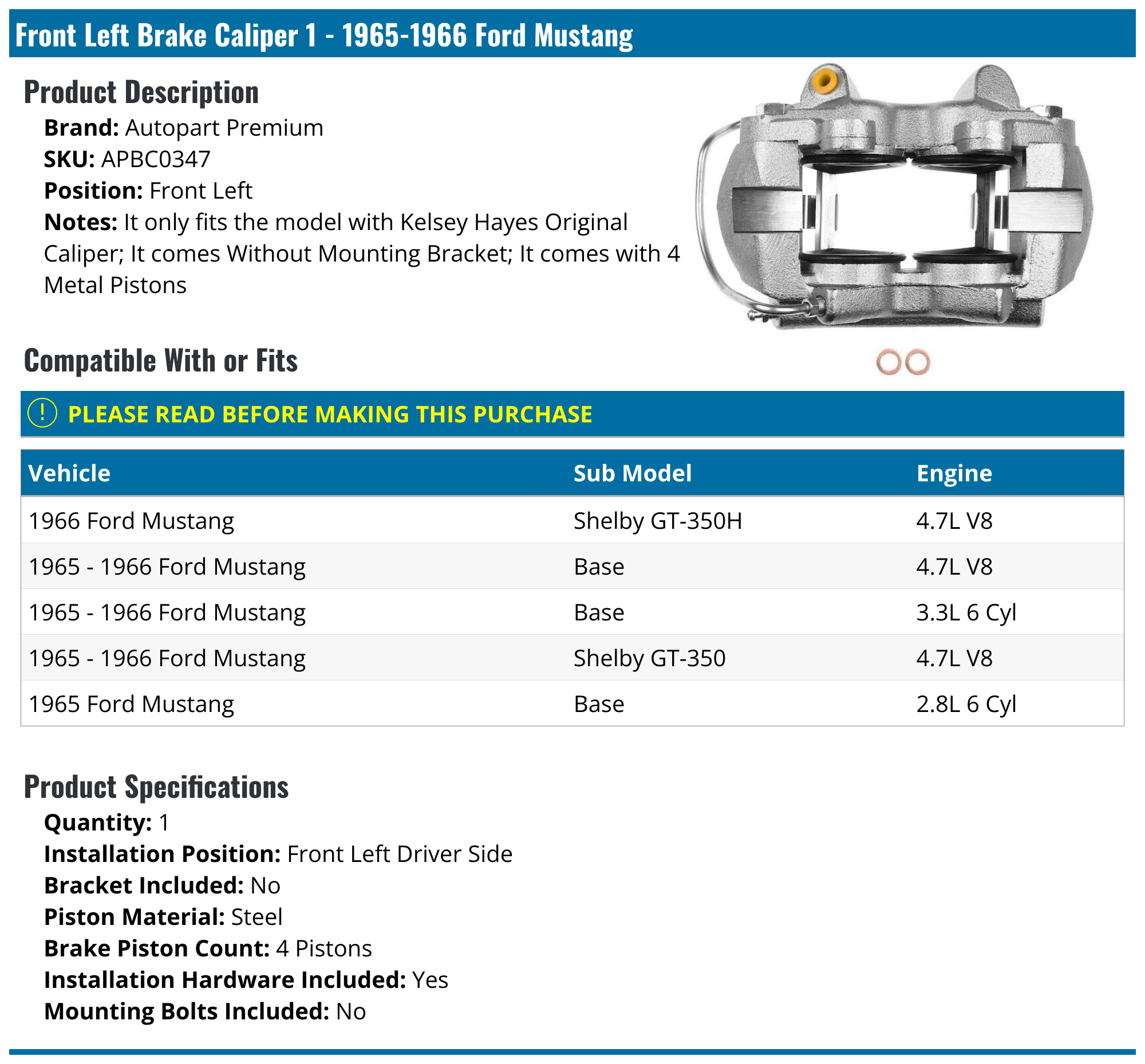 1965-1966 Ford Mustang Brake Caliper - Autopart Premium APBC0347 ...