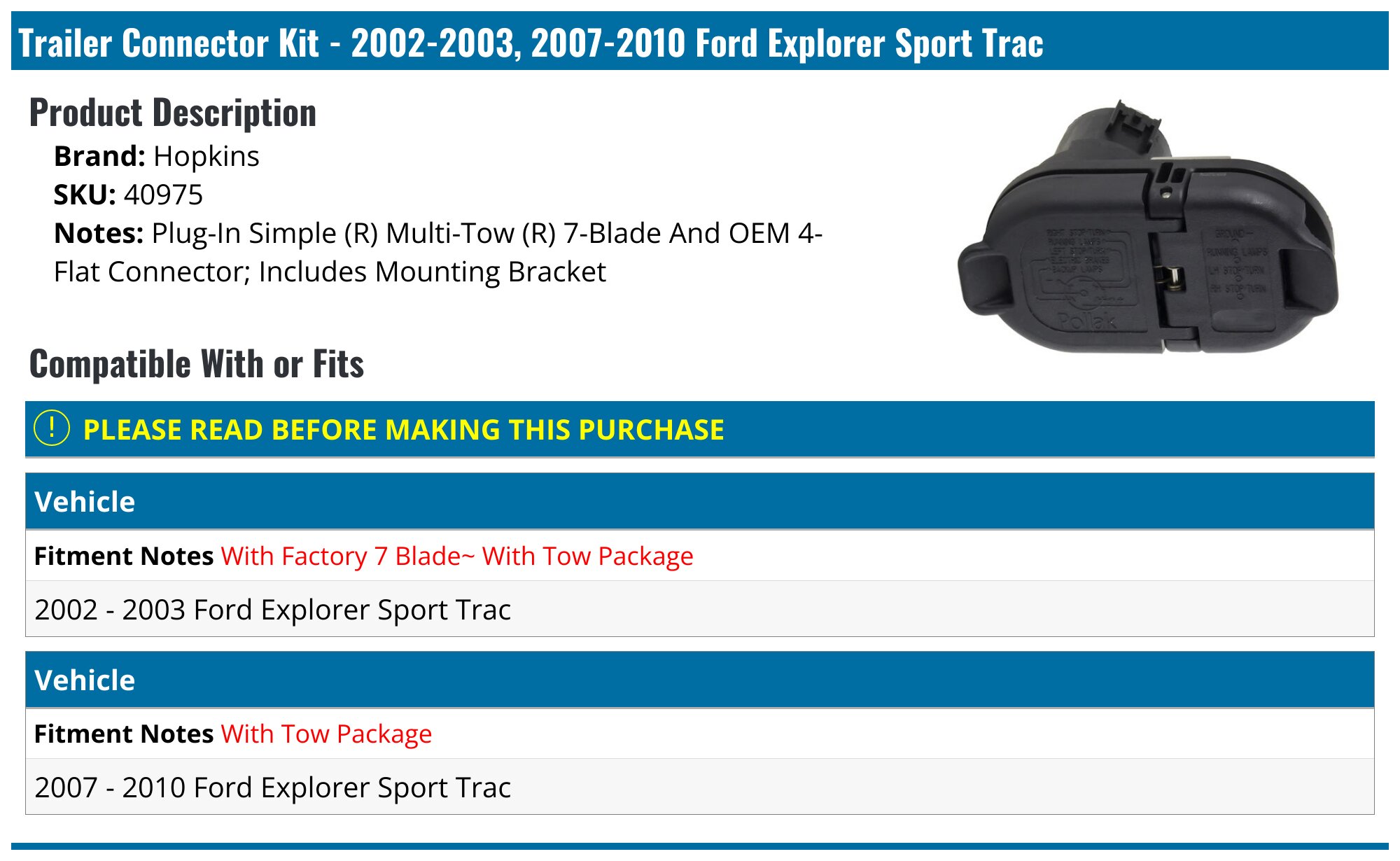 2002-2003, 2007-2010 Ford Explorer Sport Trac Trailer Connector Kit ...