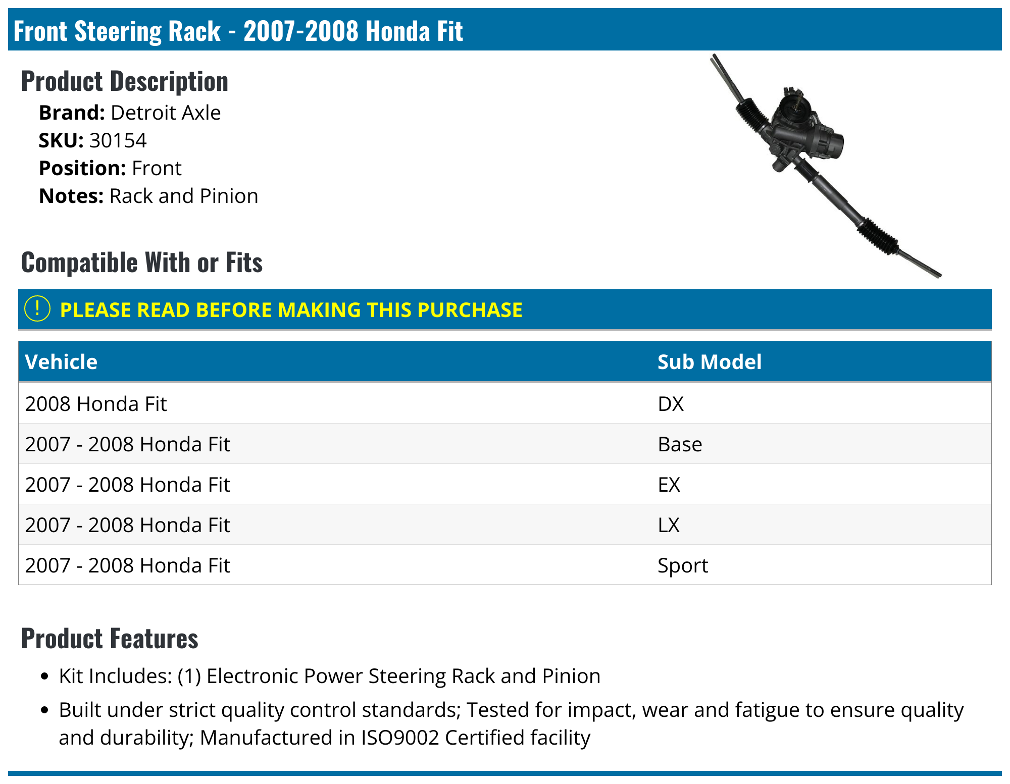 2007-2008 Honda Fit Steering Rack - Detroit Axle 30154 - Front ...