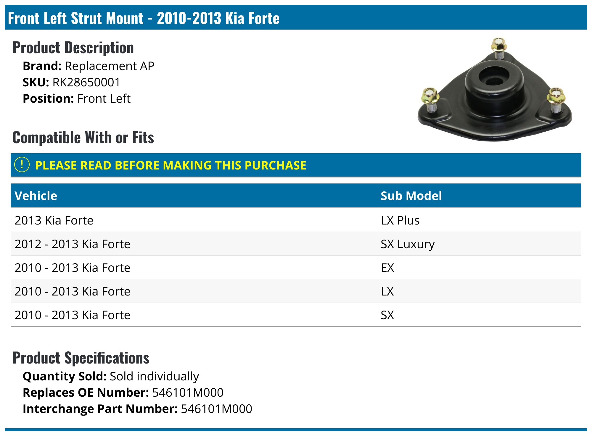 2010-2013 Kia Forte Strut Mount - Replacement AP RK28650001 - Front ...