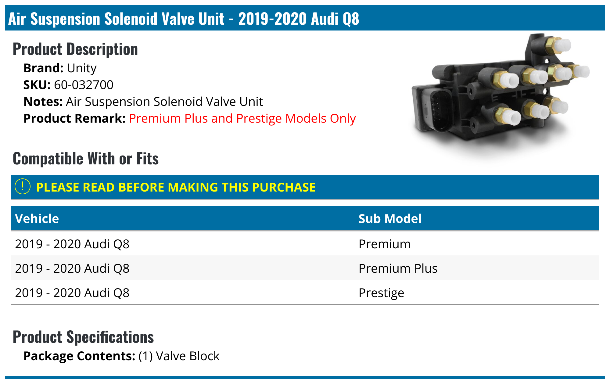 2019-2020 Audi Q8 Air Suspension Solenoid Valve Unit - Unity 60-032700 ...
