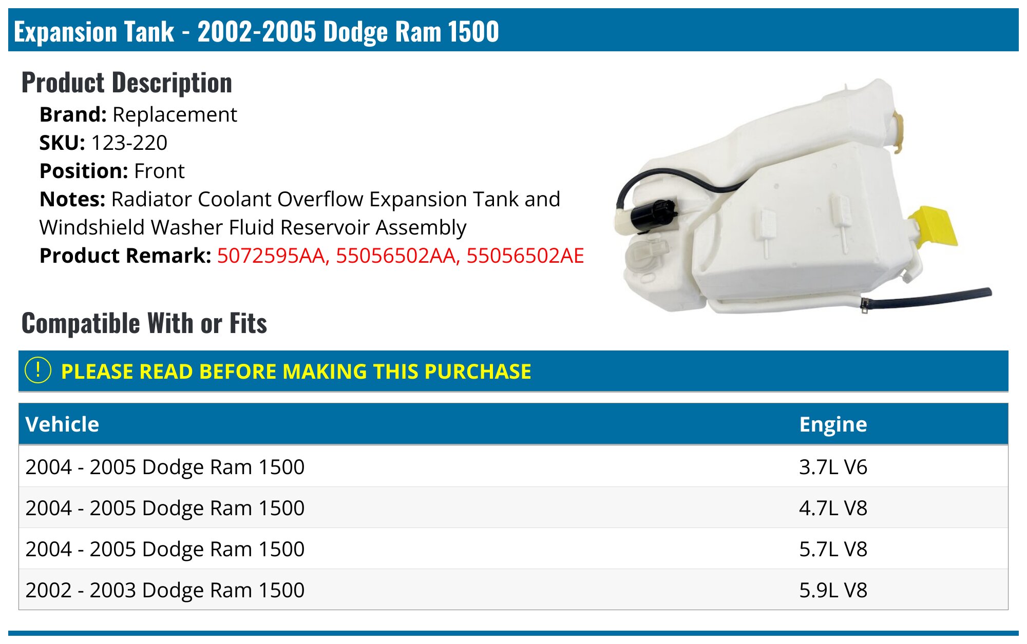 2002-2005 Dodge Ram 1500 Expansion Tank - Replacement 123-220 ...