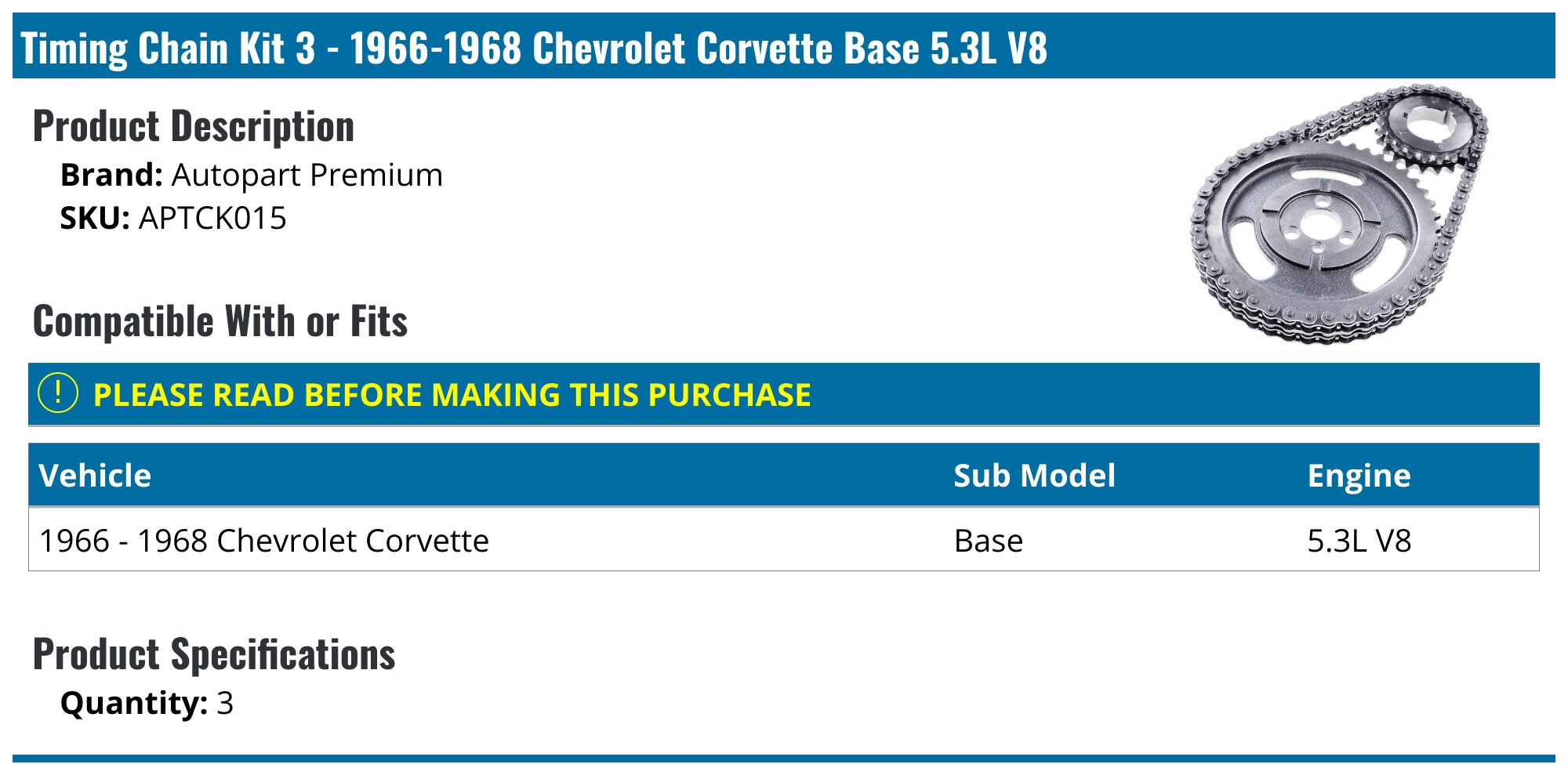 1966-1968 Chevrolet Corvette Timing Chain - Autopart Premium APTCK015 ...