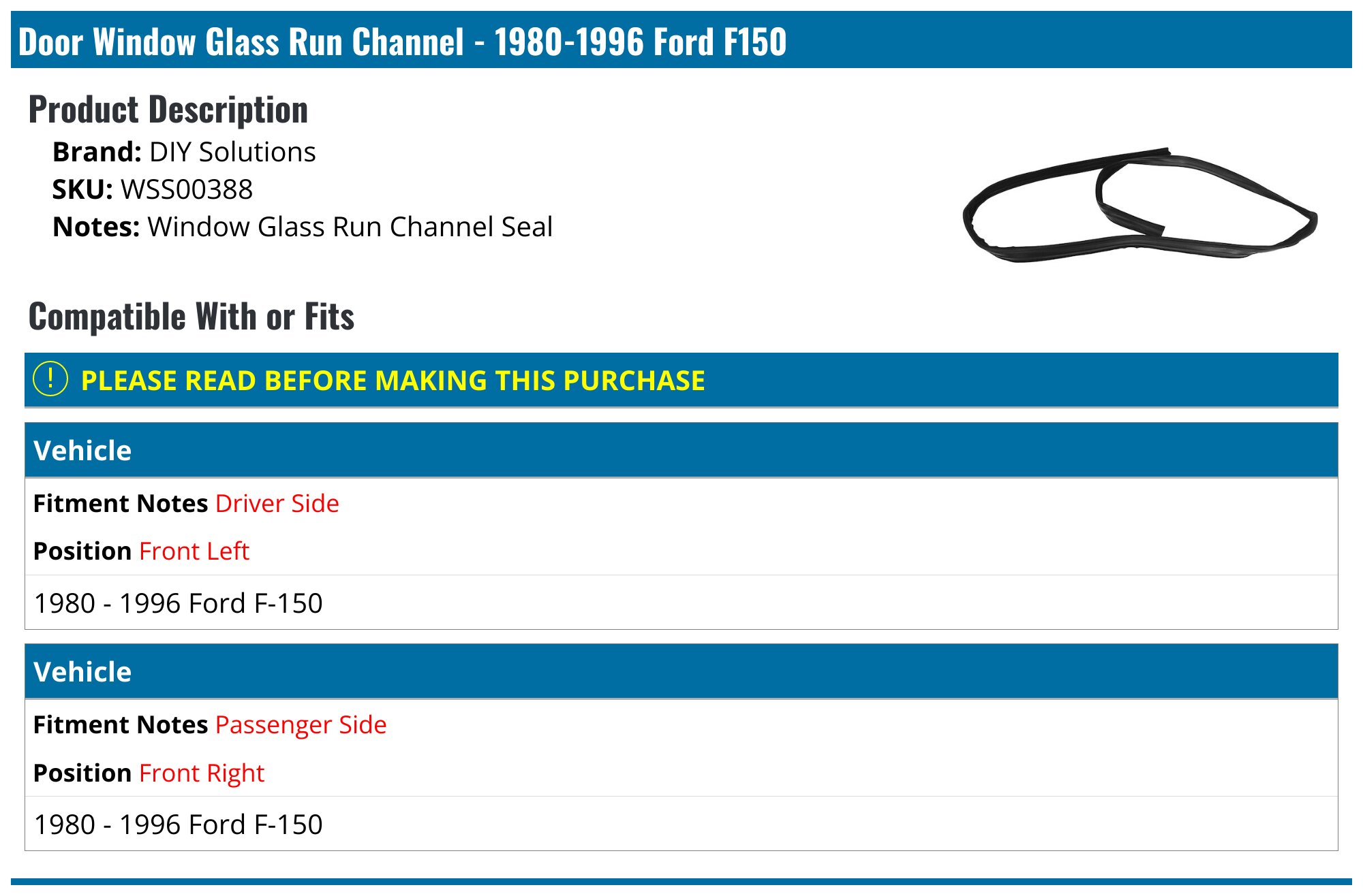 1980-1996 Ford F150 Door Window Glass Run Channel - DIY Solutions ...