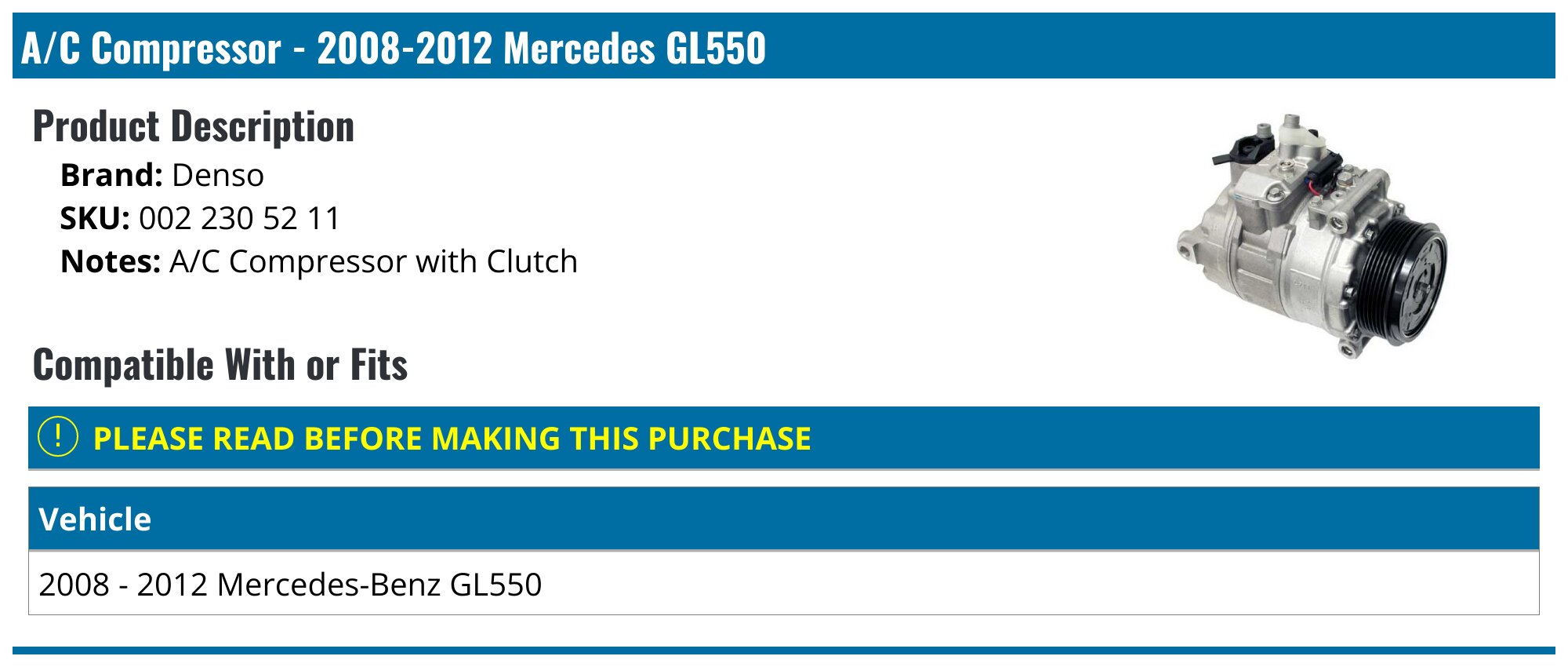 2008-2012 Mercedes GL550 A/C Compressor - Denso 002 230 52 11 ...