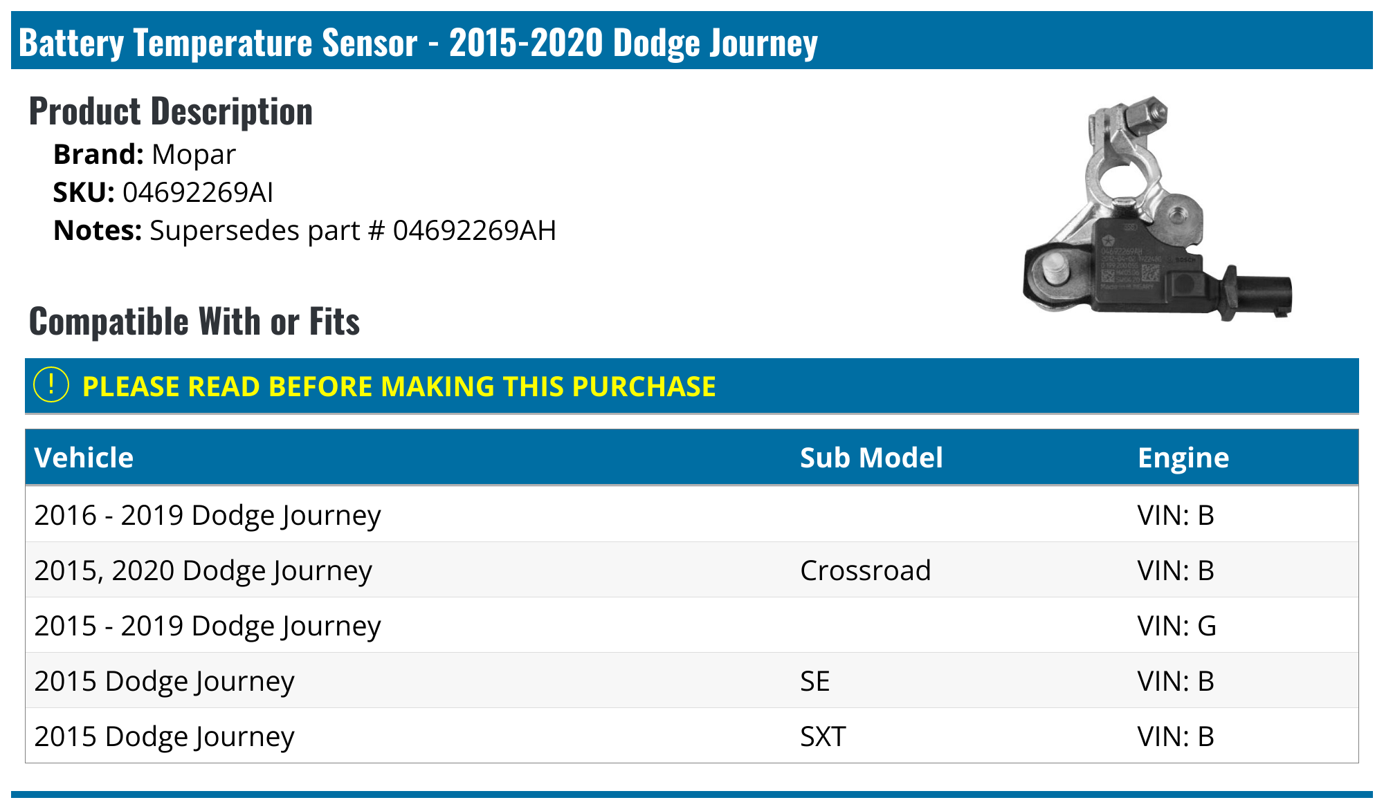2015-2020 Dodge Journey Battery Temperature Sensor - Mopar 04692269AI ...