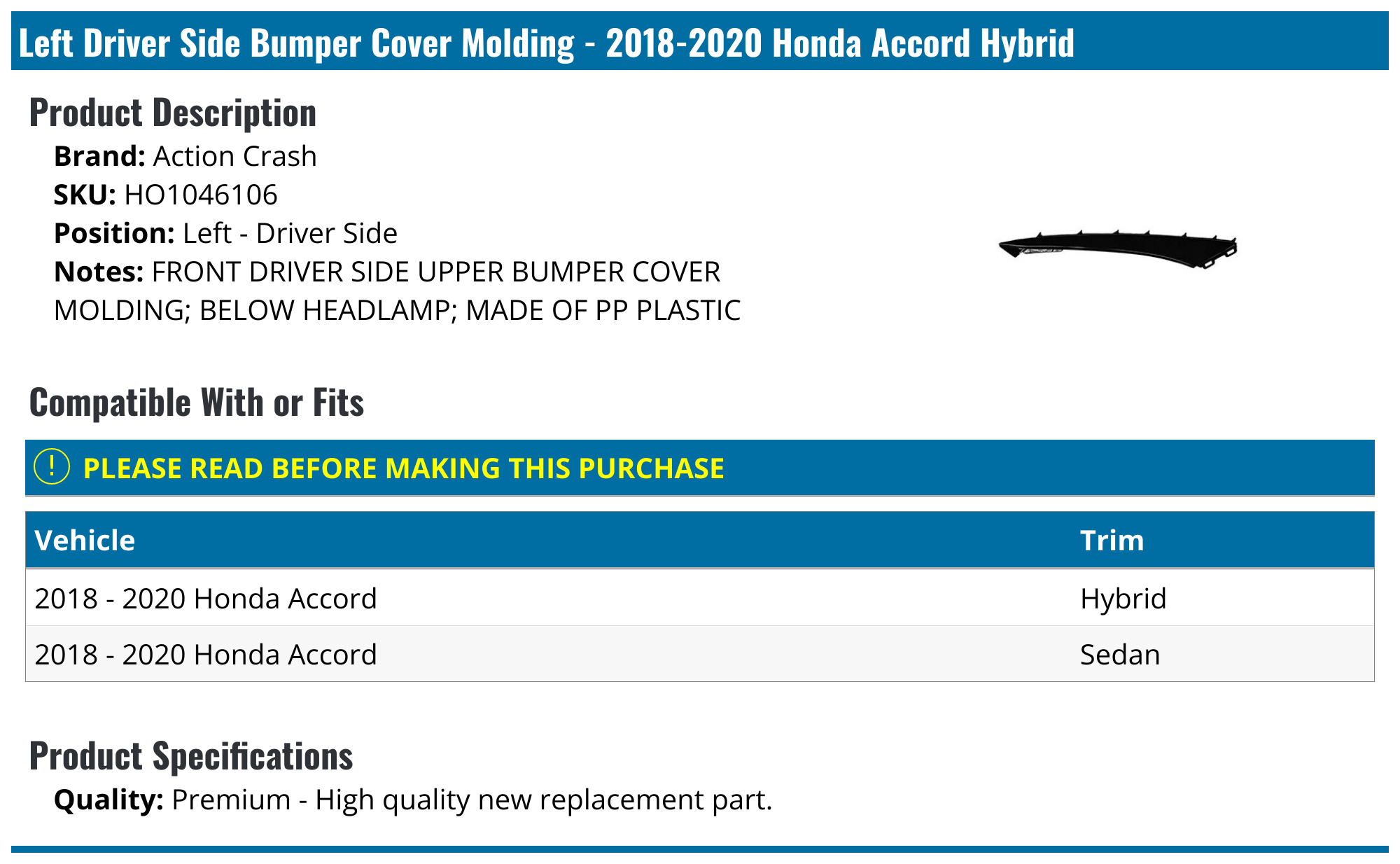 2018-2020 Honda Accord Bumper Cover Molding - Action Crash HO1046106 ...