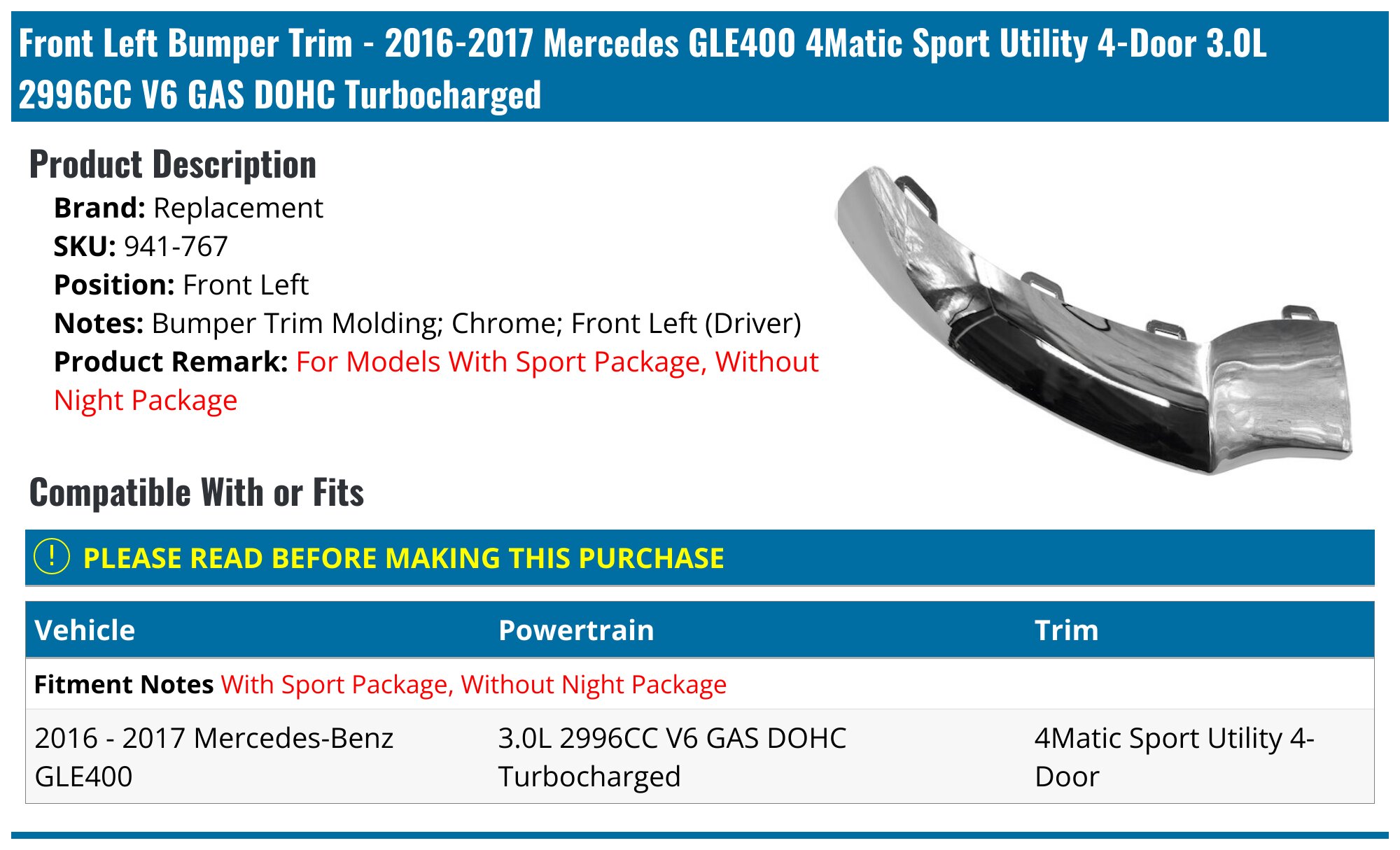 2016-2017 Mercedes GLE400 Bumper Trim - Replacement 941-767 - Front ...