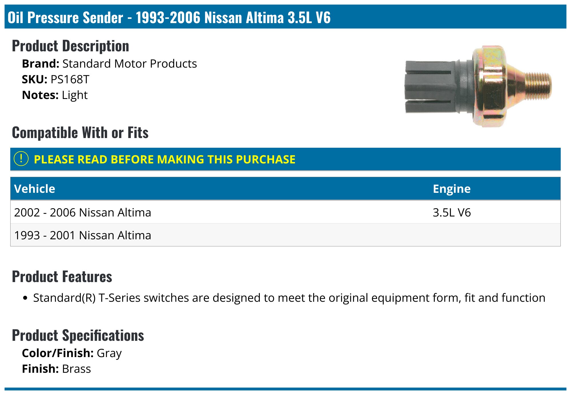 1993-2006 Nissan Altima Oil Pressure Sender - Standard Motor Products ...