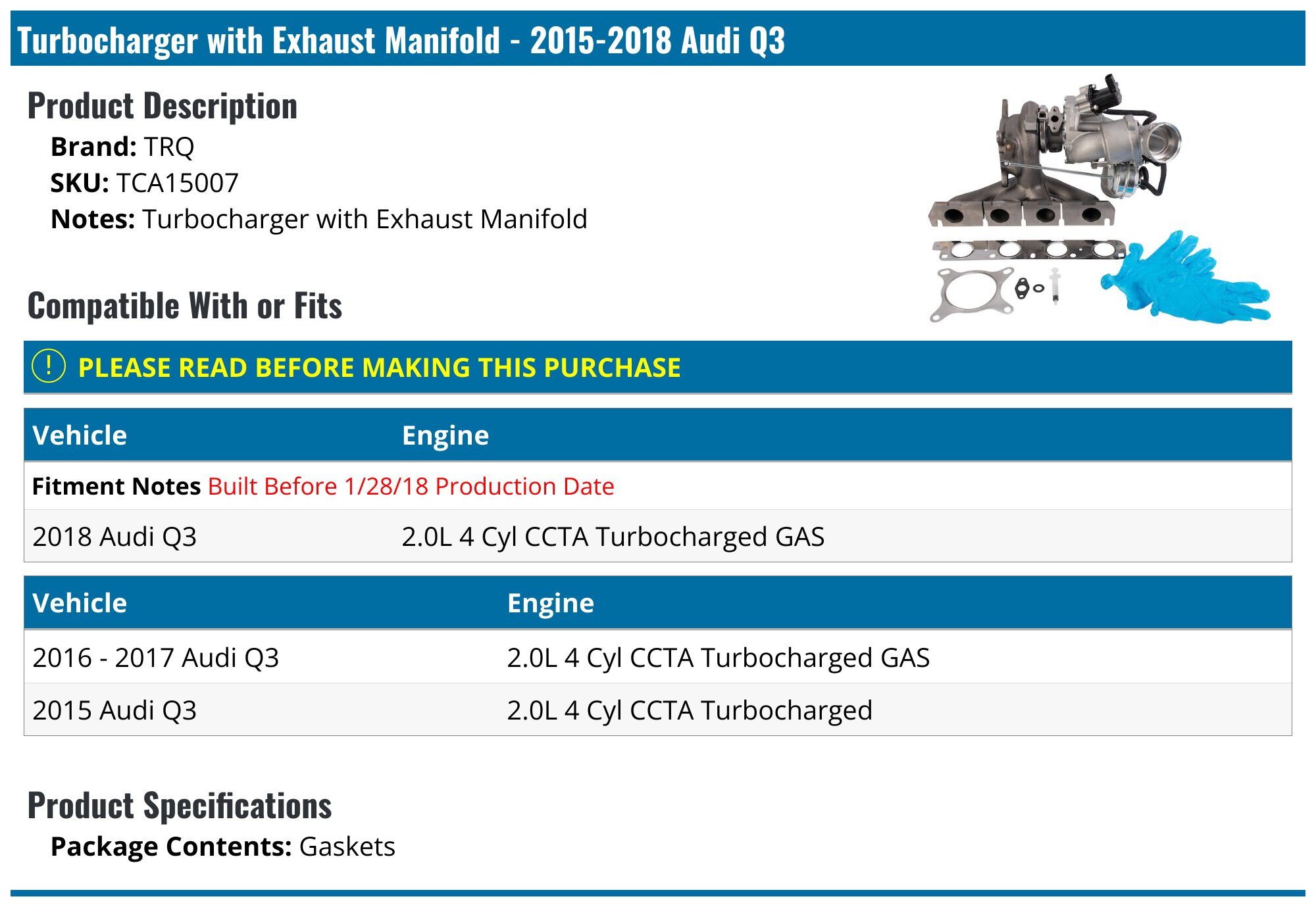 2015-2018 Audi Q3 Turbocharger - TRQ TCA15007 - PartsGeek.com