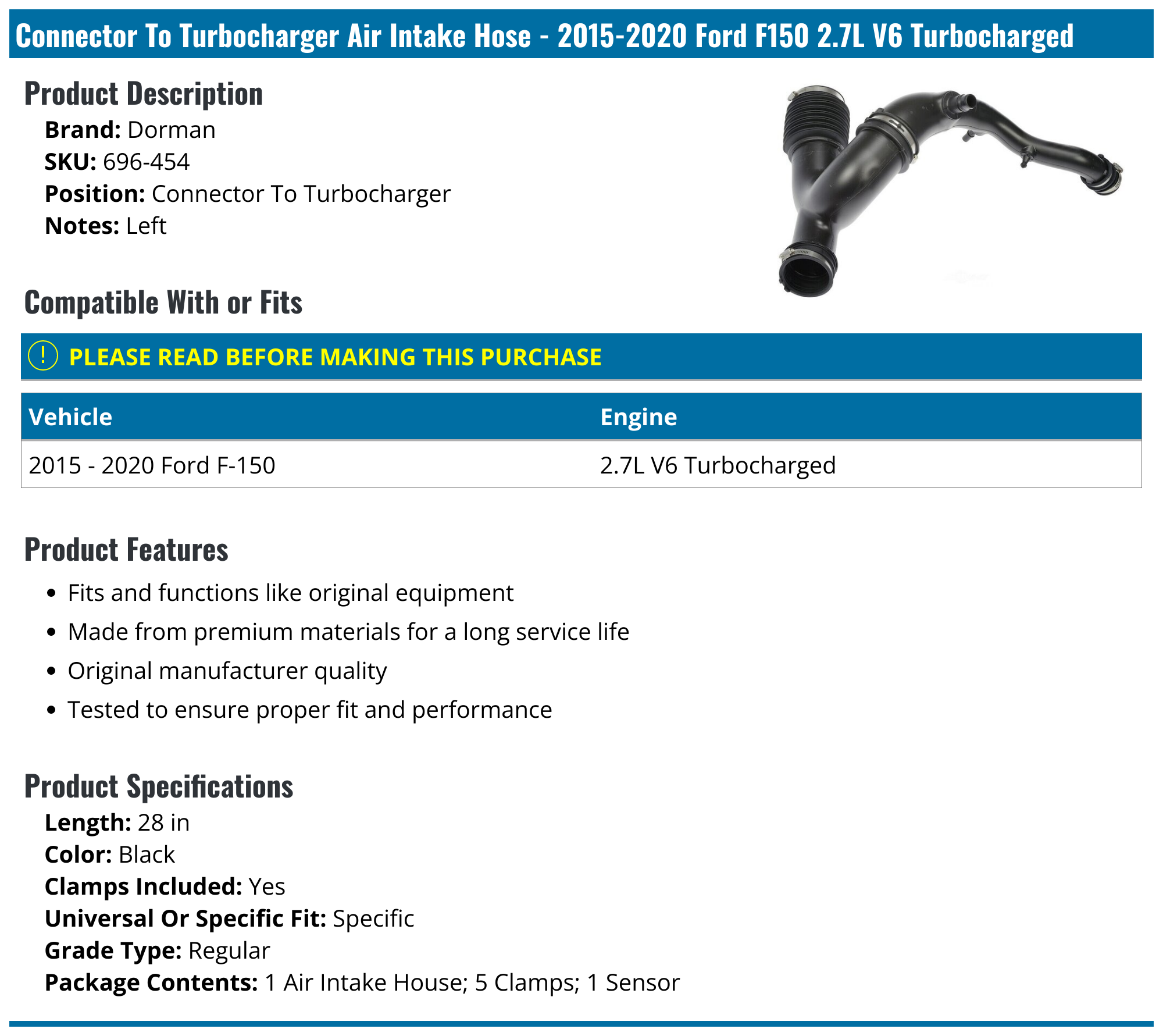 2015-2020 Ford F150 Air Intake Hose - Dorman 696-454 - Connector To ...