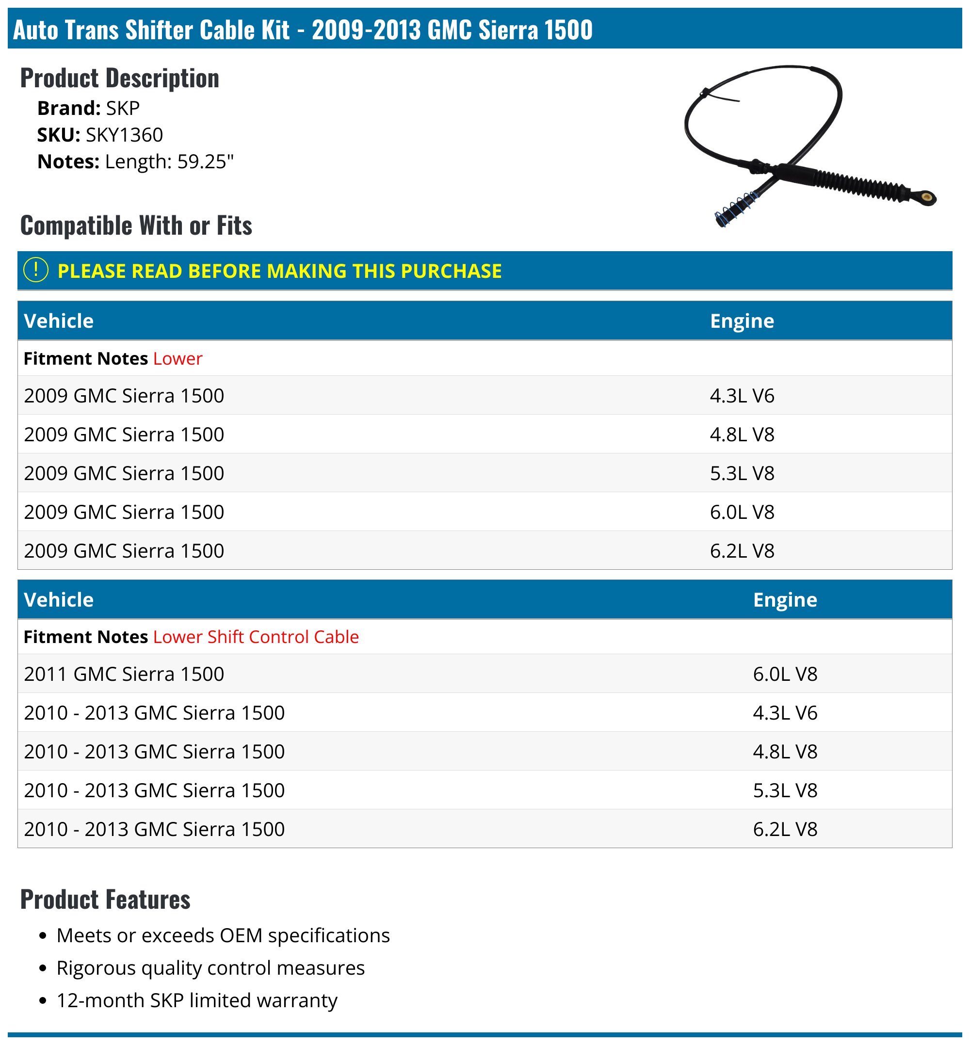 2007-2014 GMC Sierra 1500 Auto Trans Shifter Cable Kit - SKP SKY1360 ...