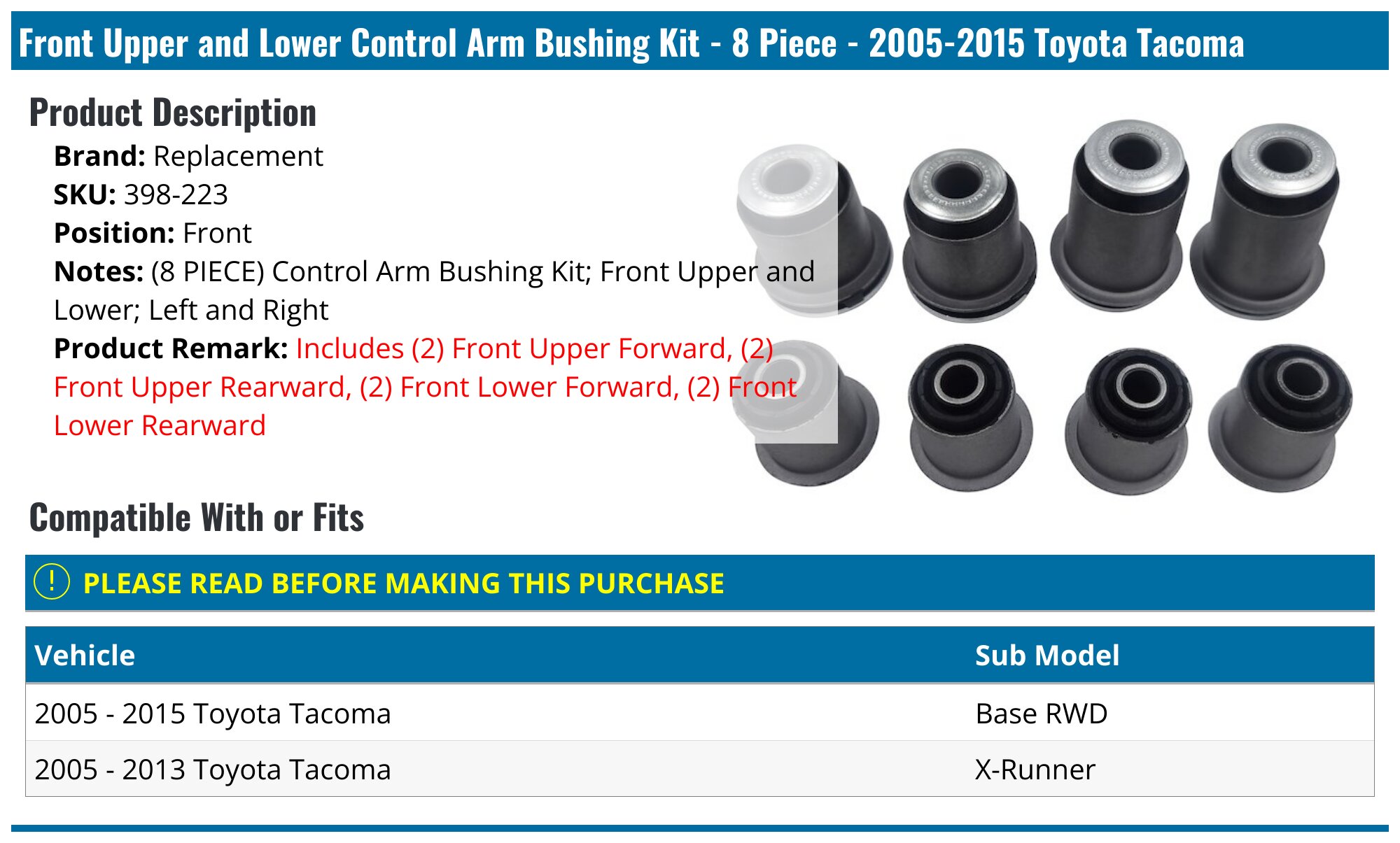 2005-2015 Toyota Tacoma Control Arm Bushing - Replacement 398-223 ...