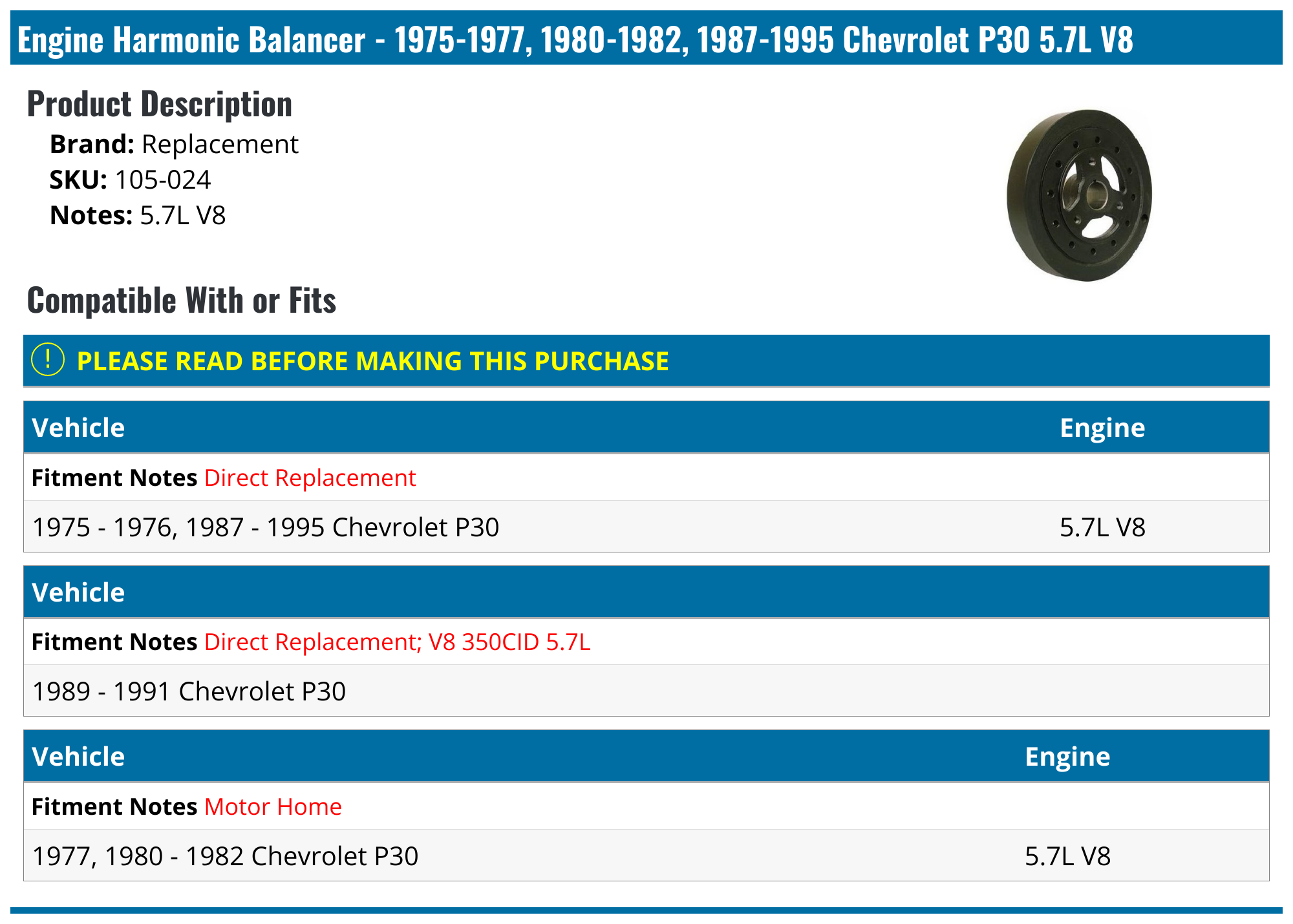 1975-1977, 1980-1982, 1987-1995 Chevrolet P30 Engine Harmonic Balancer ...