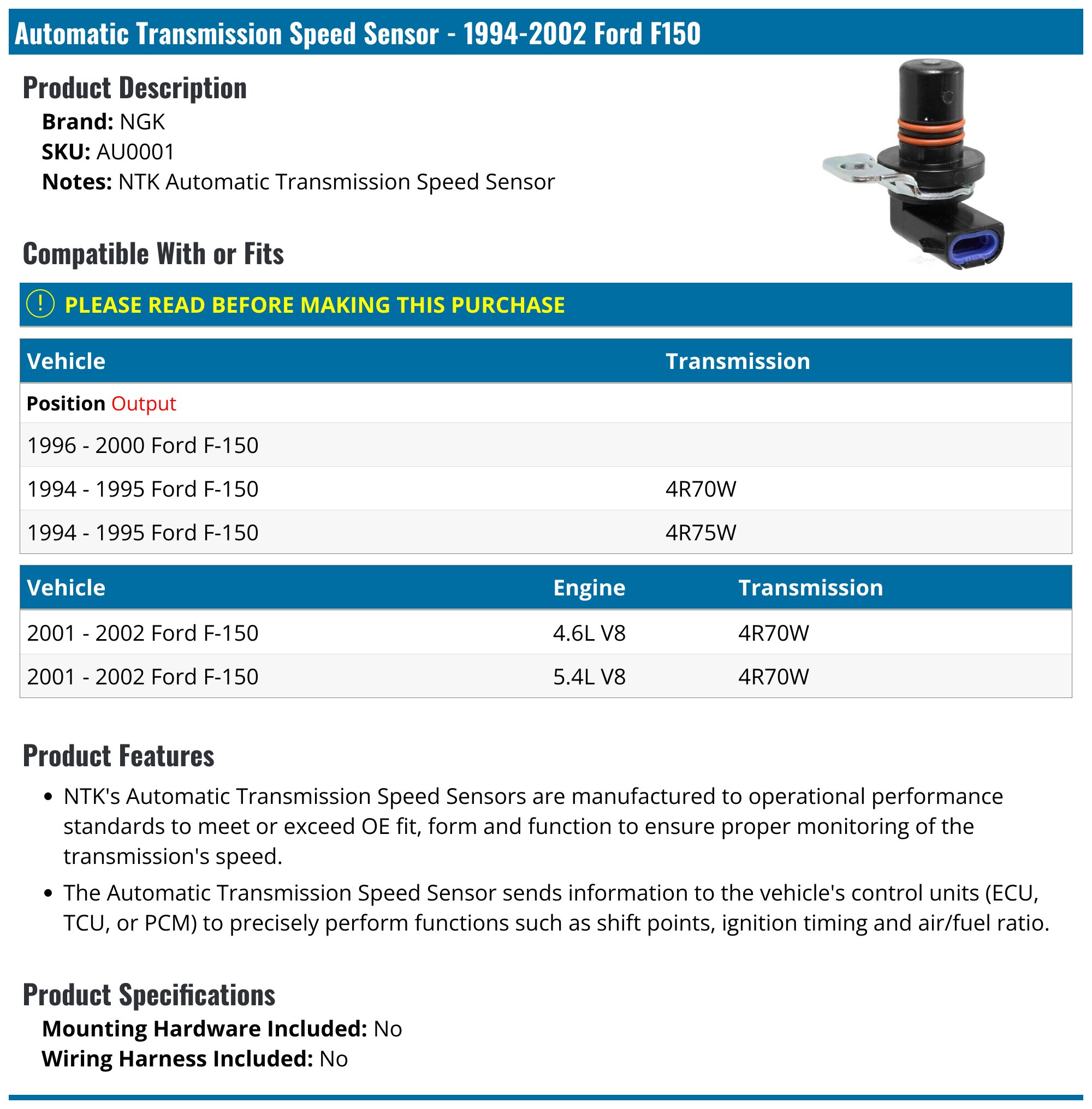 Ford Automatic Transmission Speed Sensor | F150 F250 Super Duty F350 ...